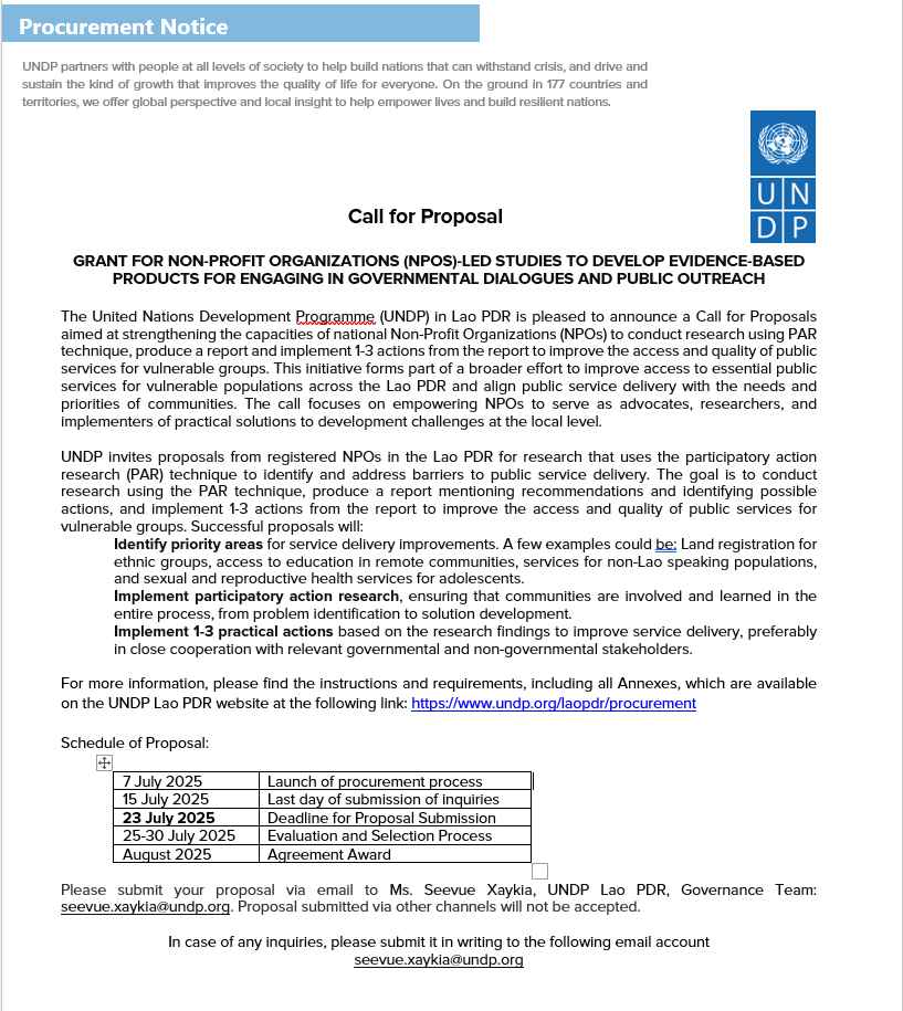 UNDP Procurement Notice Call for Proposal