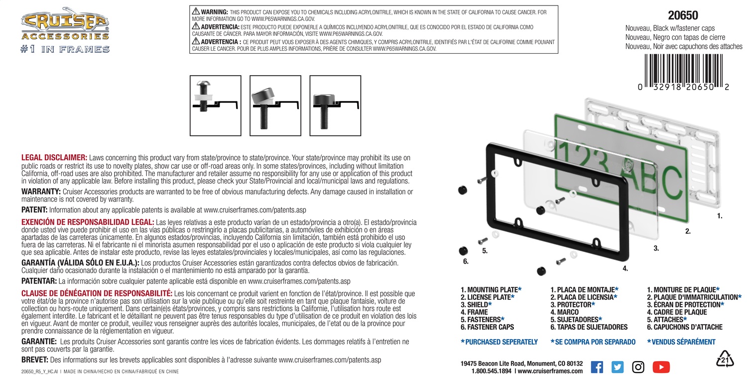 Cruiser Accessories 20650 Nouveau License Plate Frame (Black) with ...