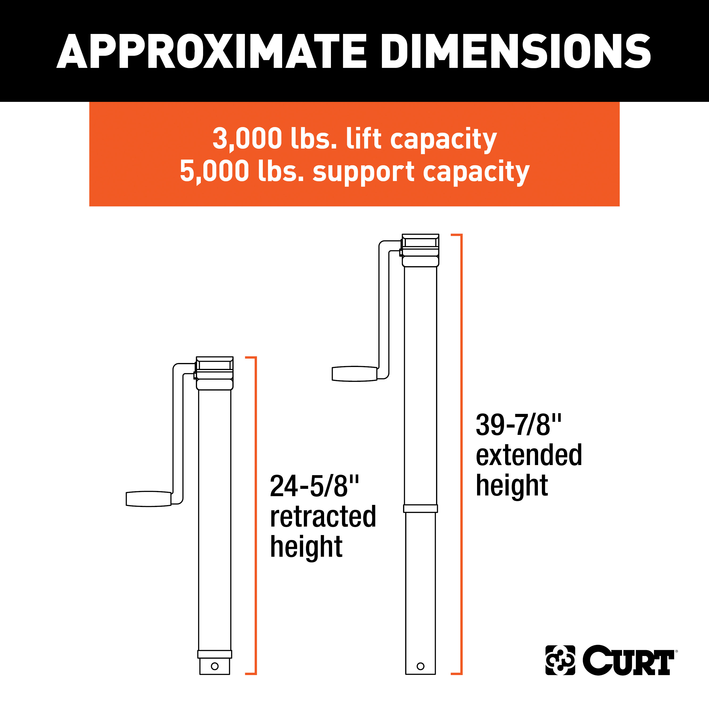 CURT 28359 Direct-Weld Square Jack with Side Handle (5,000 lbs, 15 Travel)