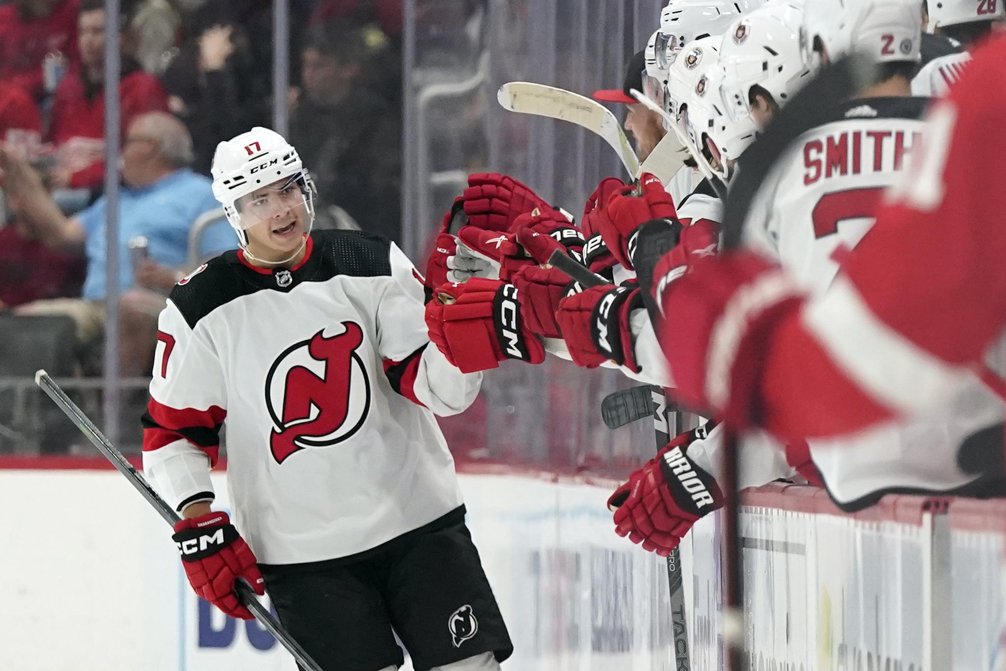 Bratt scores 2, Devils hand Wings first regulation loss, 6-2 | AP News