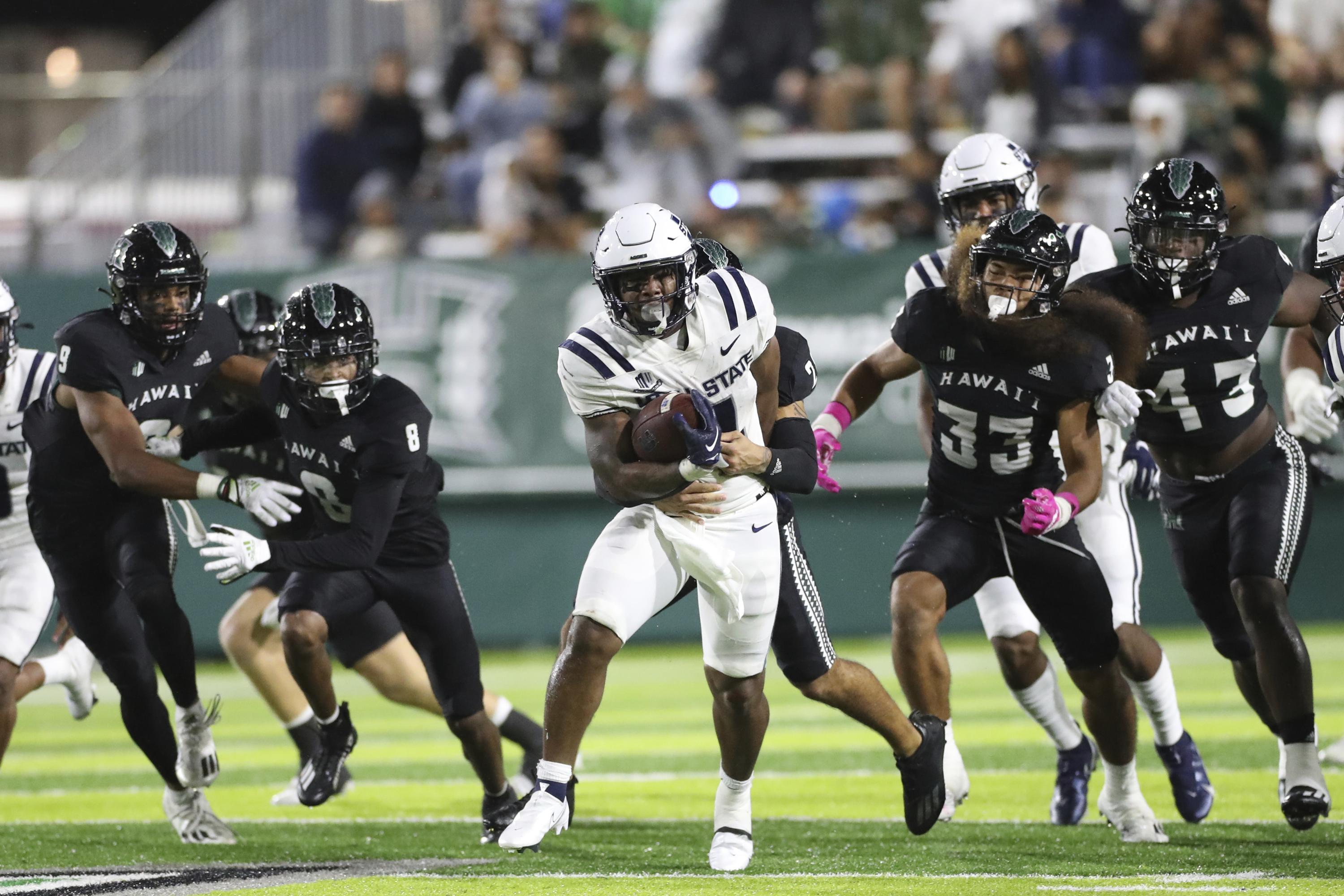 Legas, Tyler Jr. lead Utah State to 41-34 win over Hawaii | AP News