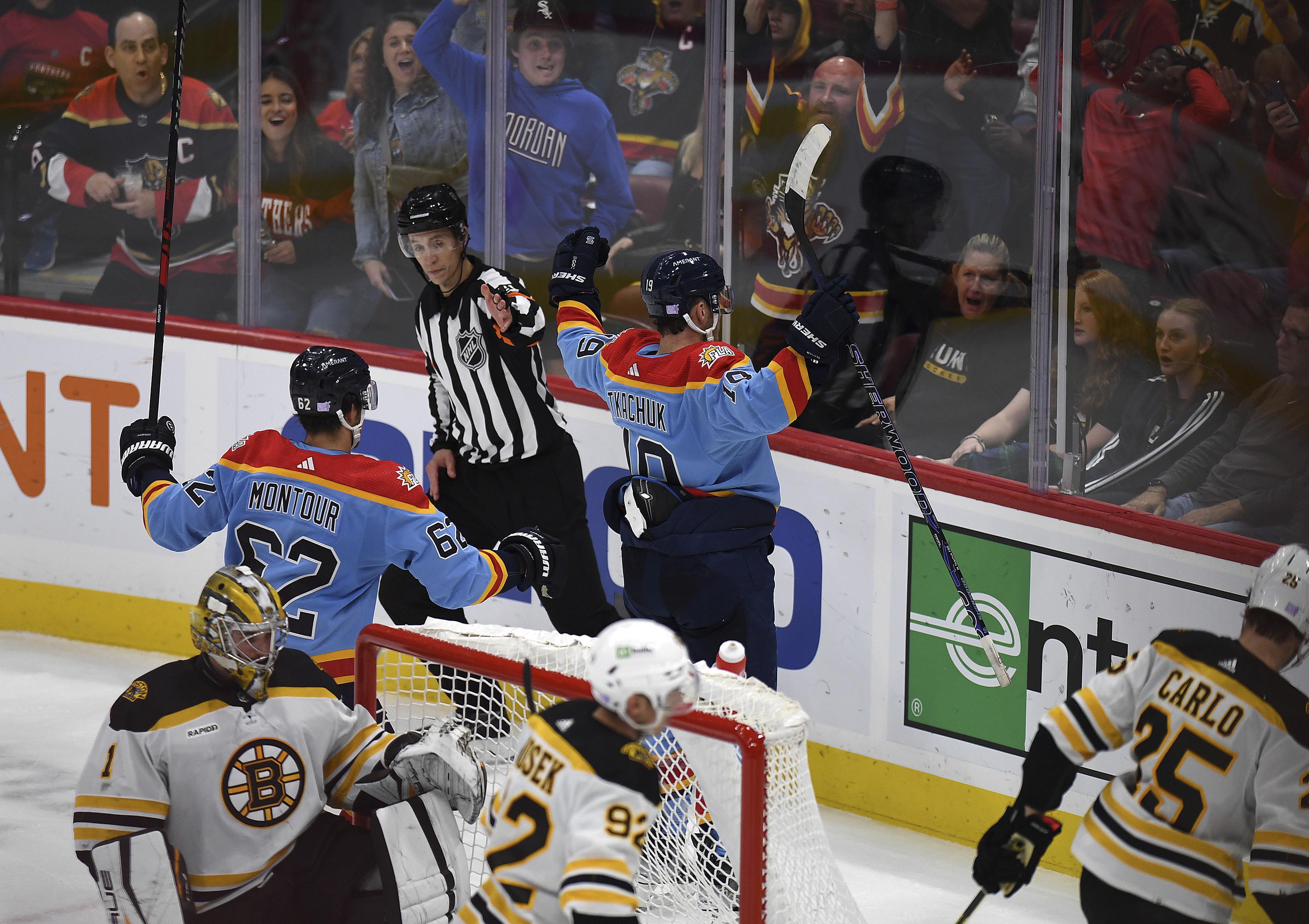 Panthers score 3 in 2nd period, halt Bruins win streak at 7 | AP News