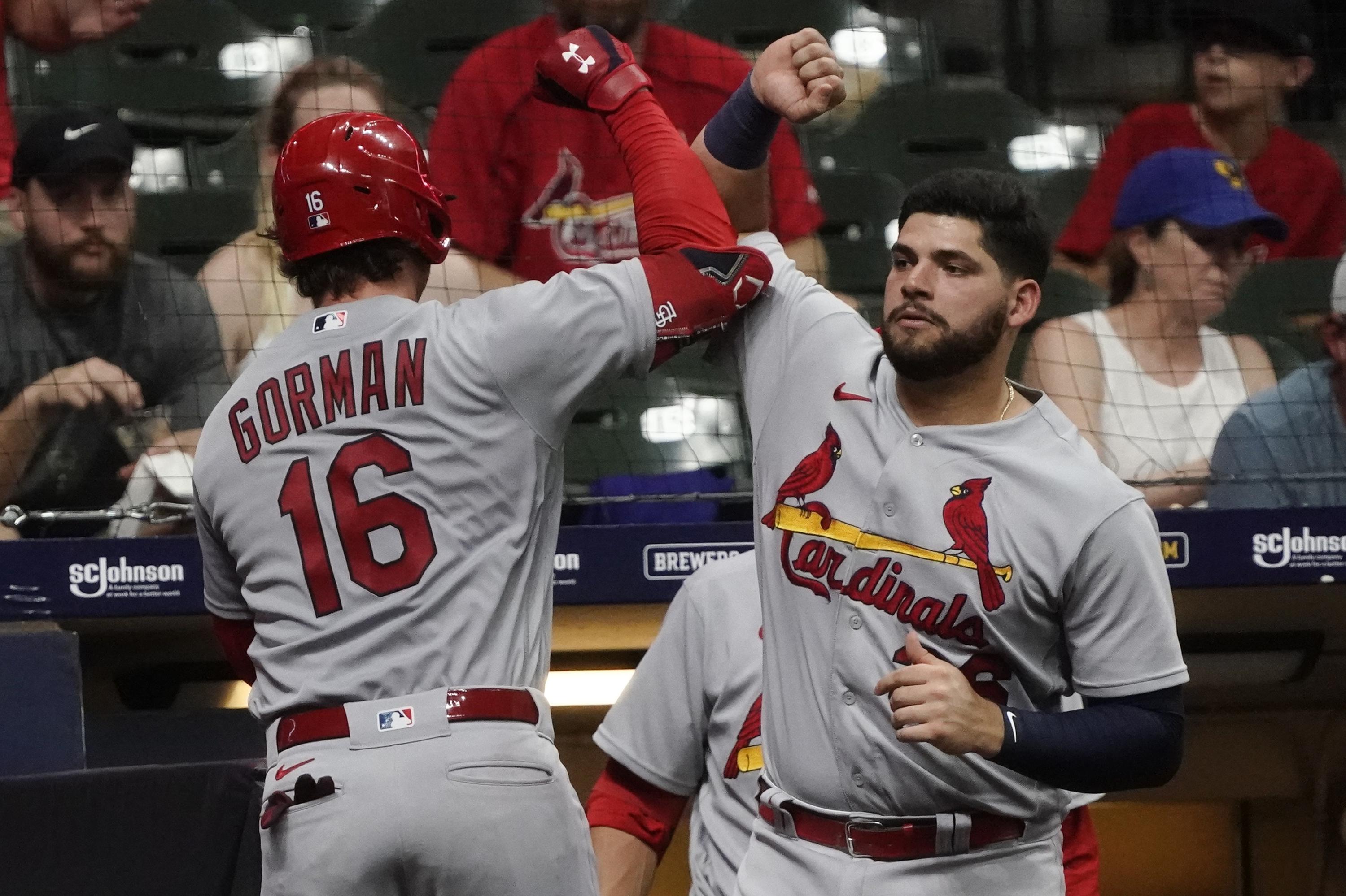 Gorman hits 2 HRs, Cards beat Brewers 6-2 to tie for 1st | AP News