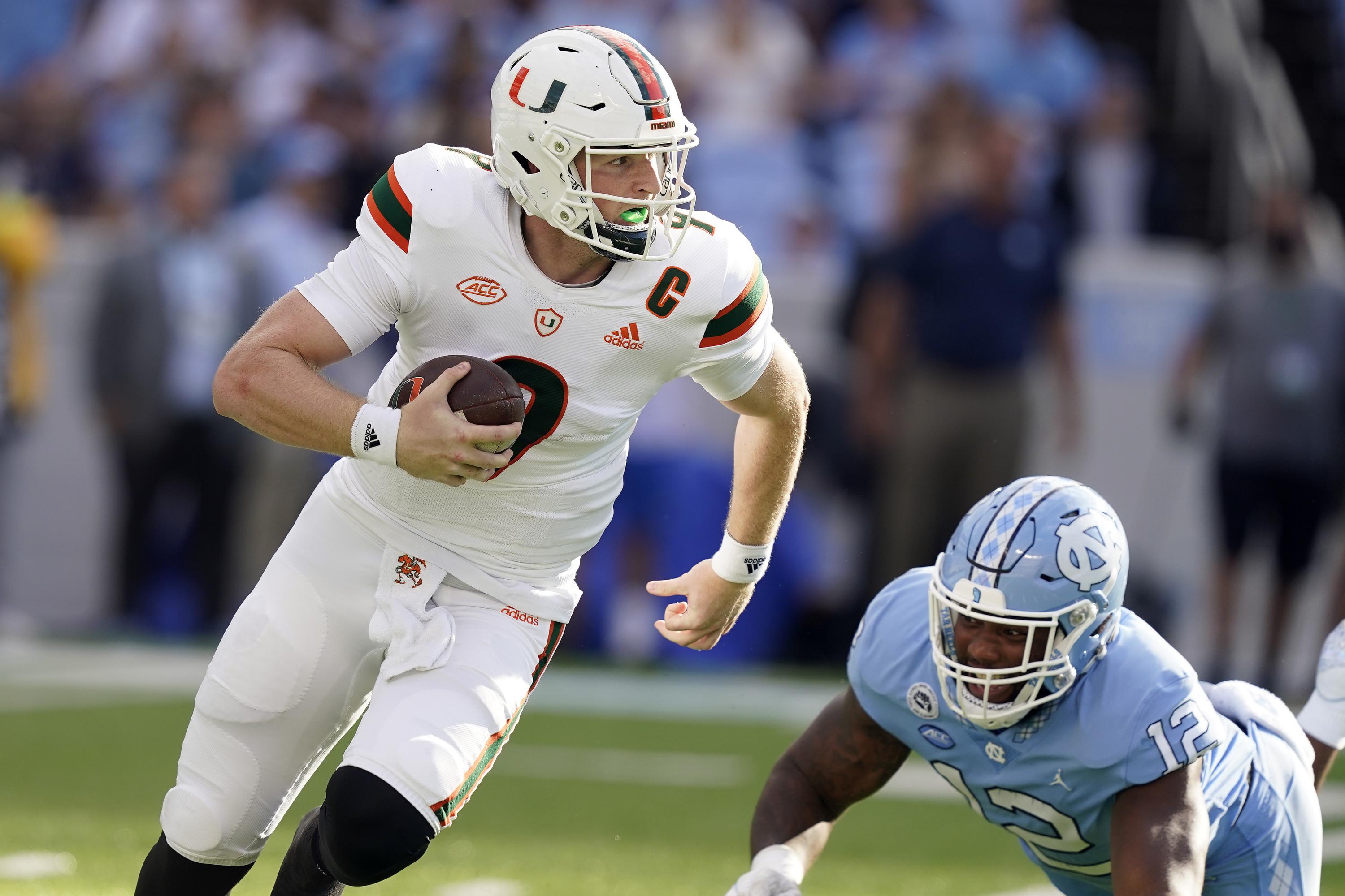 Howell accounts for four TDs as Tar Heels hold off Miami | AP News