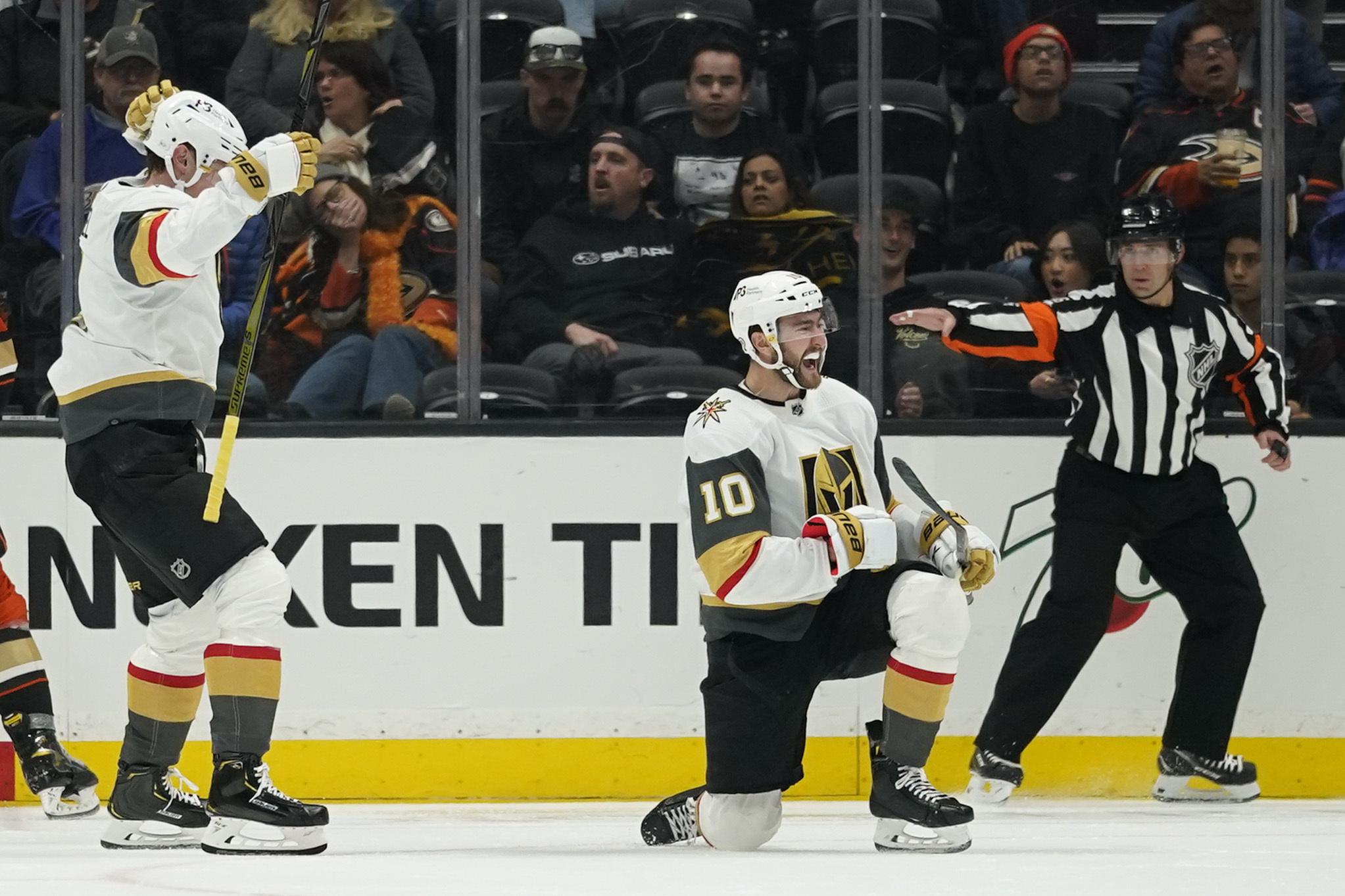 Roy's 2 goals in big 2nd period send Knights past Ducks 5-4 | AP News