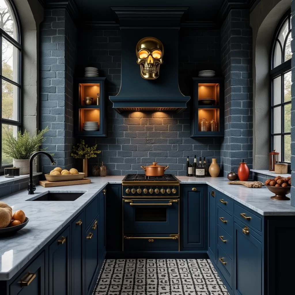 Gold and Blue Kitchen - HomeDesignsAI