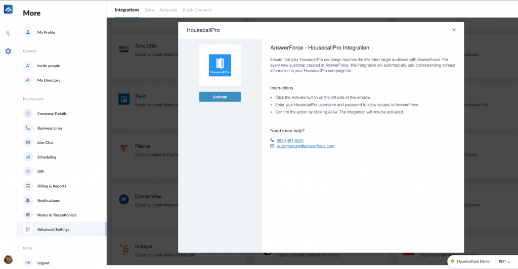 Housecall Pro + AnswerForce Integration – Support