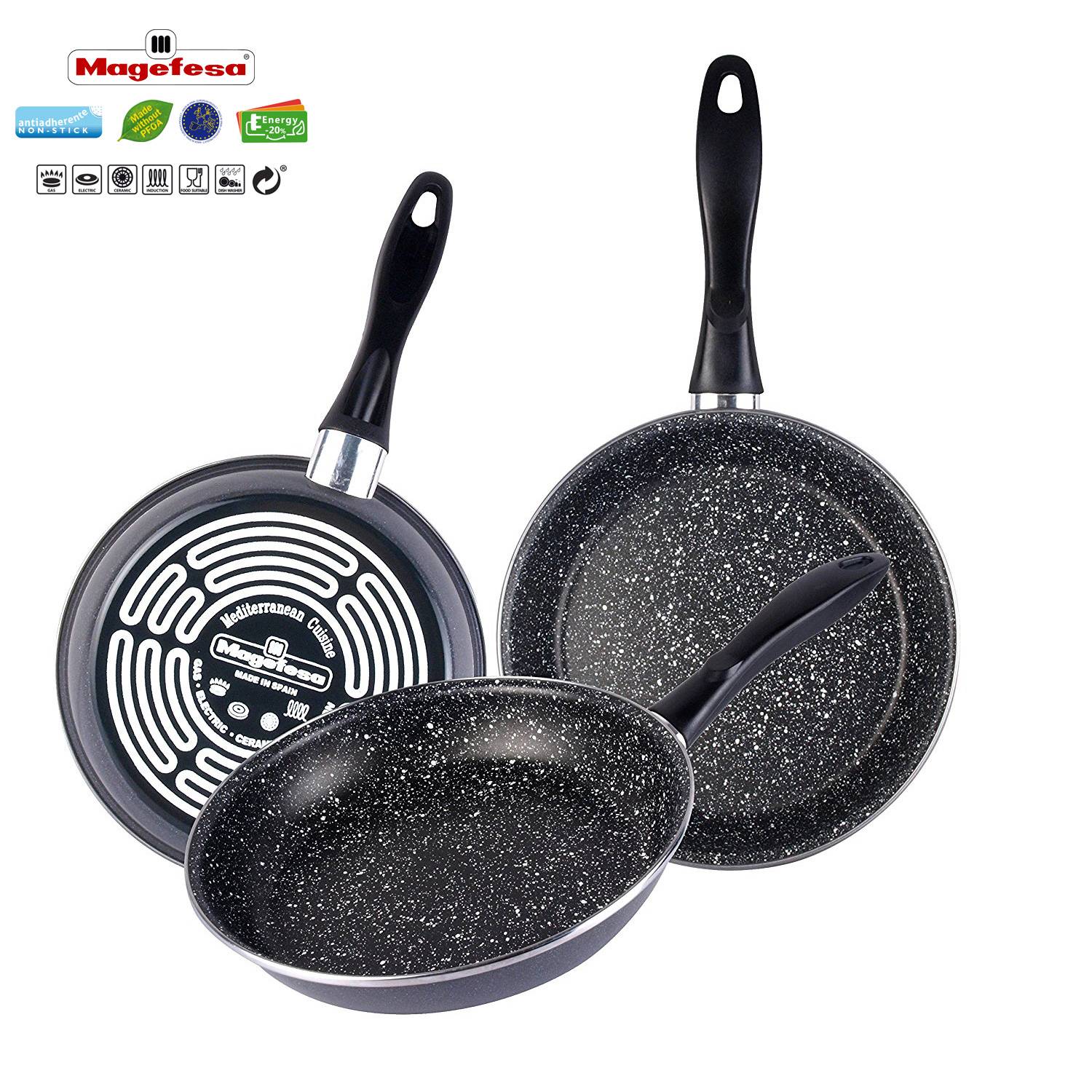 Magefesa K2 Gransasso Set Juego 3 Sartenes 18 20 24 Cm, Inducción, Antiadherente Piedra
