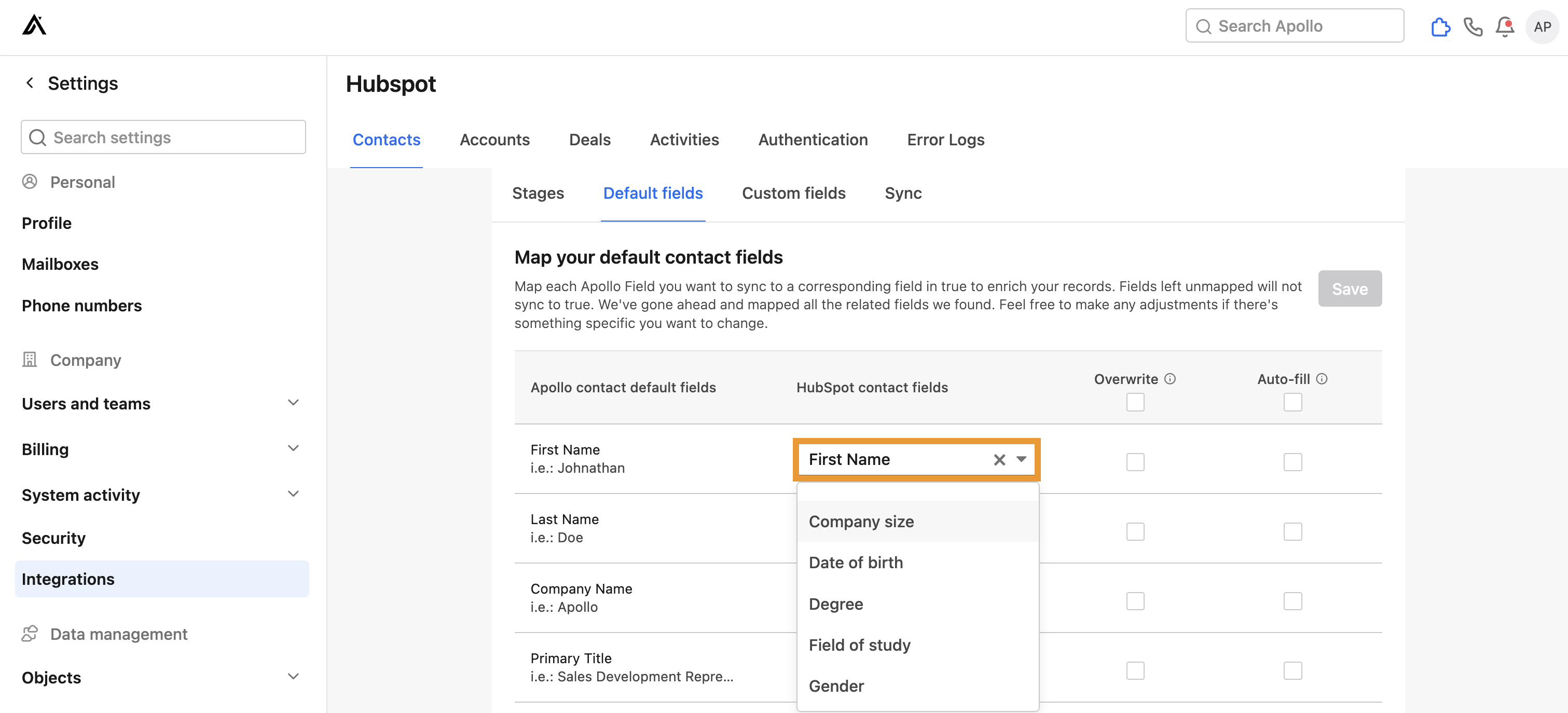 Configure HubSpot Data Mapping – Apollo.io