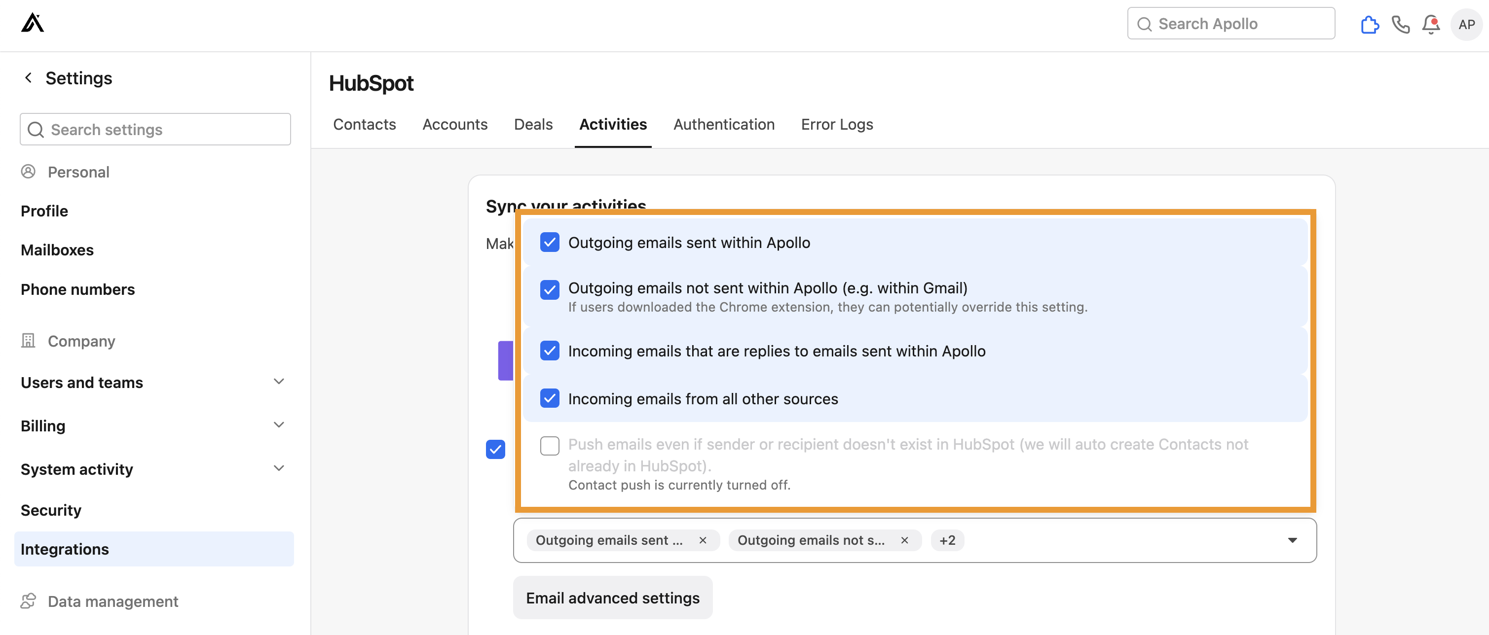 Configure HubSpot Sync Settings – Apollo.io