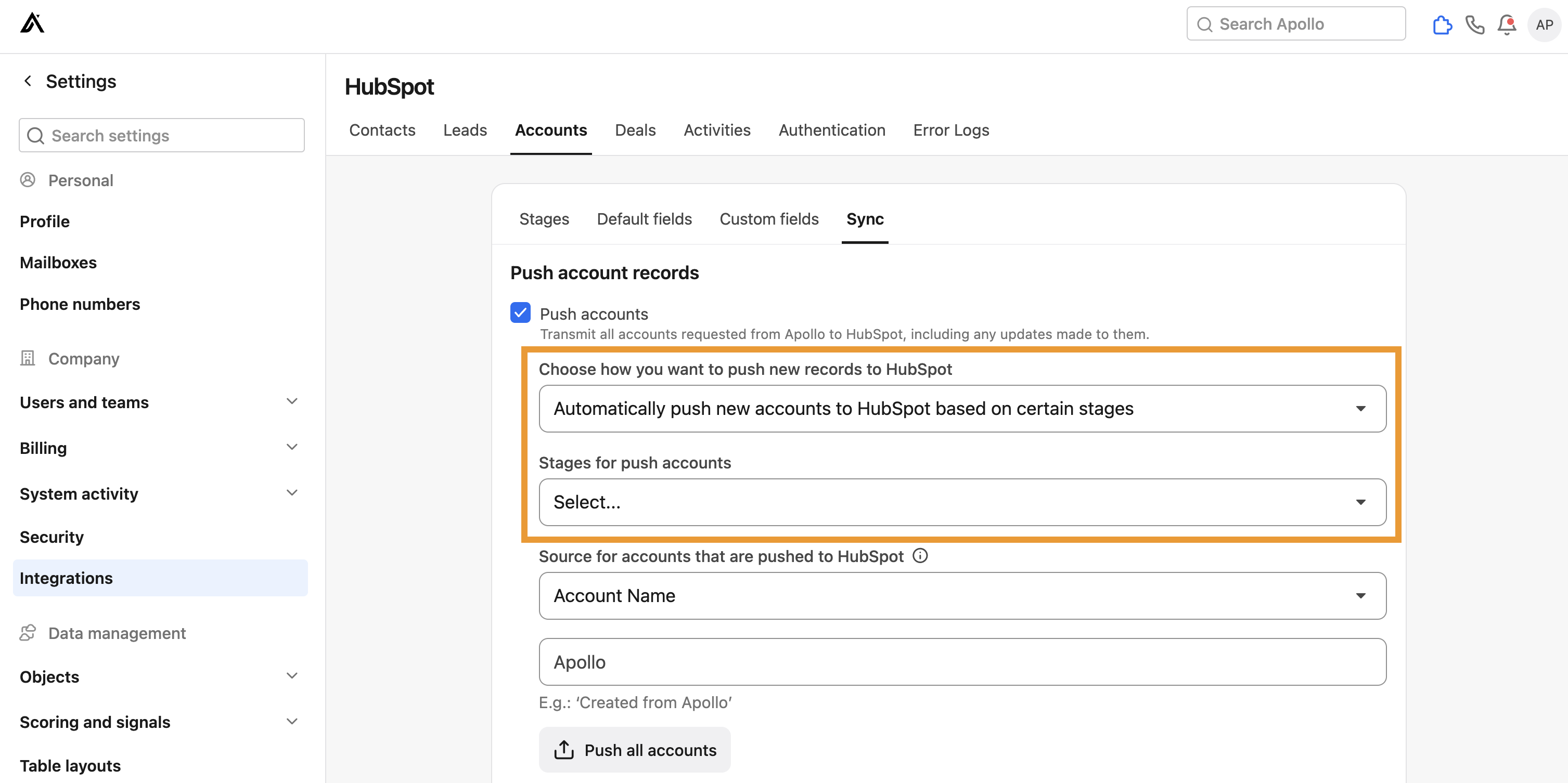 Configure HubSpot Sync Settings – Apollo.io