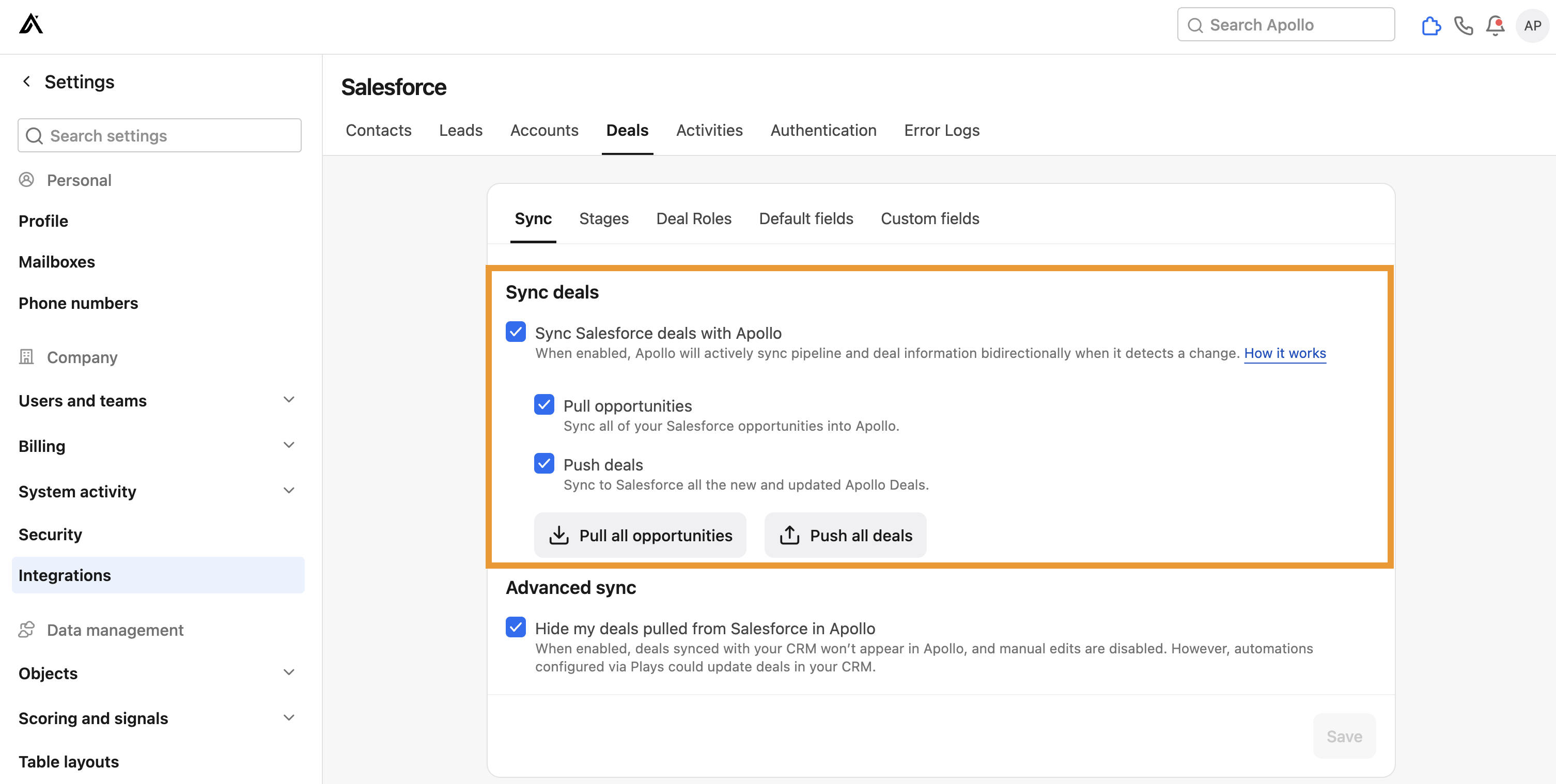 Configure Salesforce Pull Settings – Apollo.io