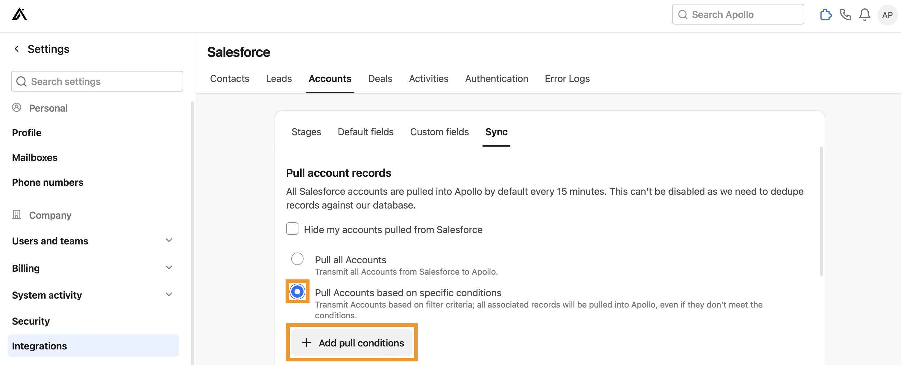 Configure Salesforce Pull Settings – Apollo.io