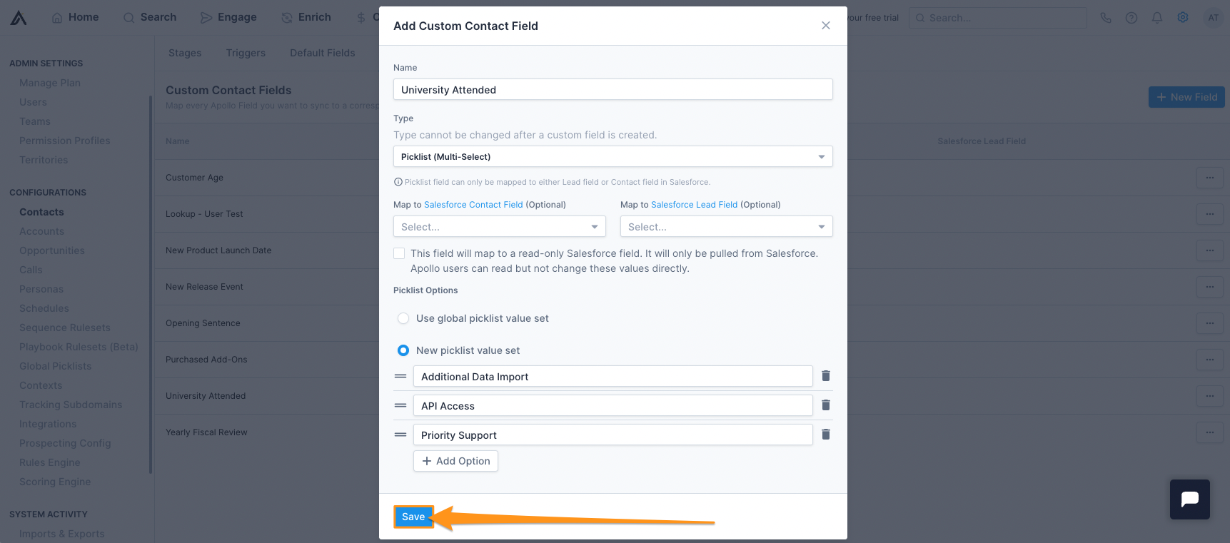 Create Custom Contact Fields – Apollo.io