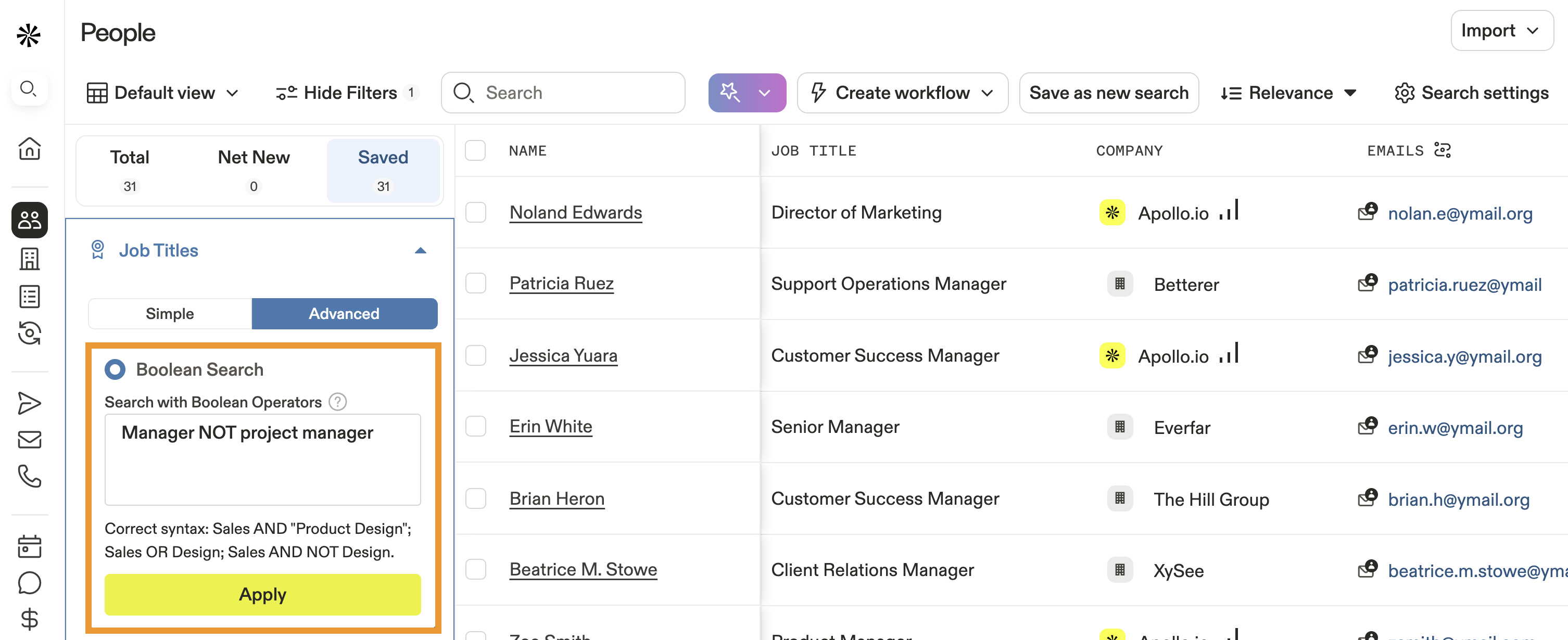 Search Job Titles with Boolean Operators – Apollo