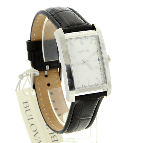 Bulova 37mm Rectangular Silver Dial Black Leather Strap Watch - 96A156 ...