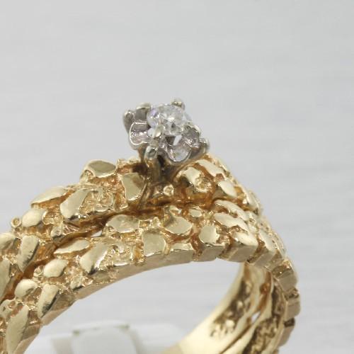 Custom 14k Gold Nugget Diamond Engagement Ring Set | Outofpawn.com