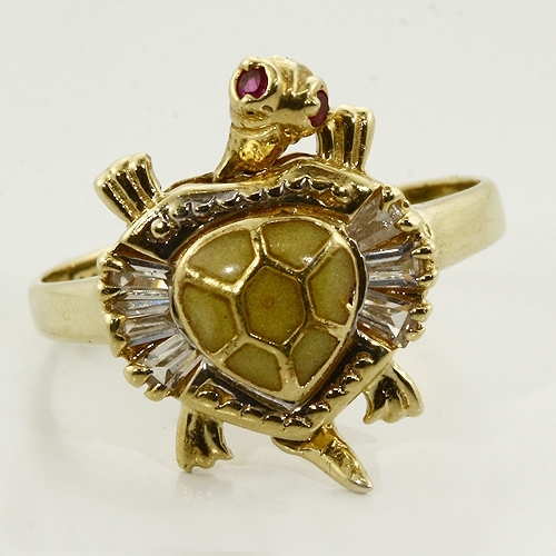 14K Yellow Gold Turtle Ring with Sapphires and Rubies | Outofpawn.com