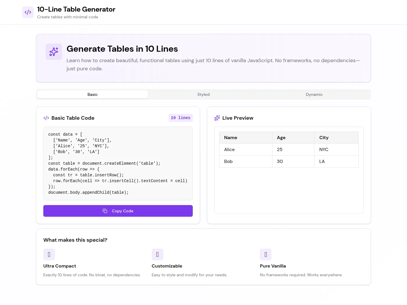 10-Line Table Code Generator
