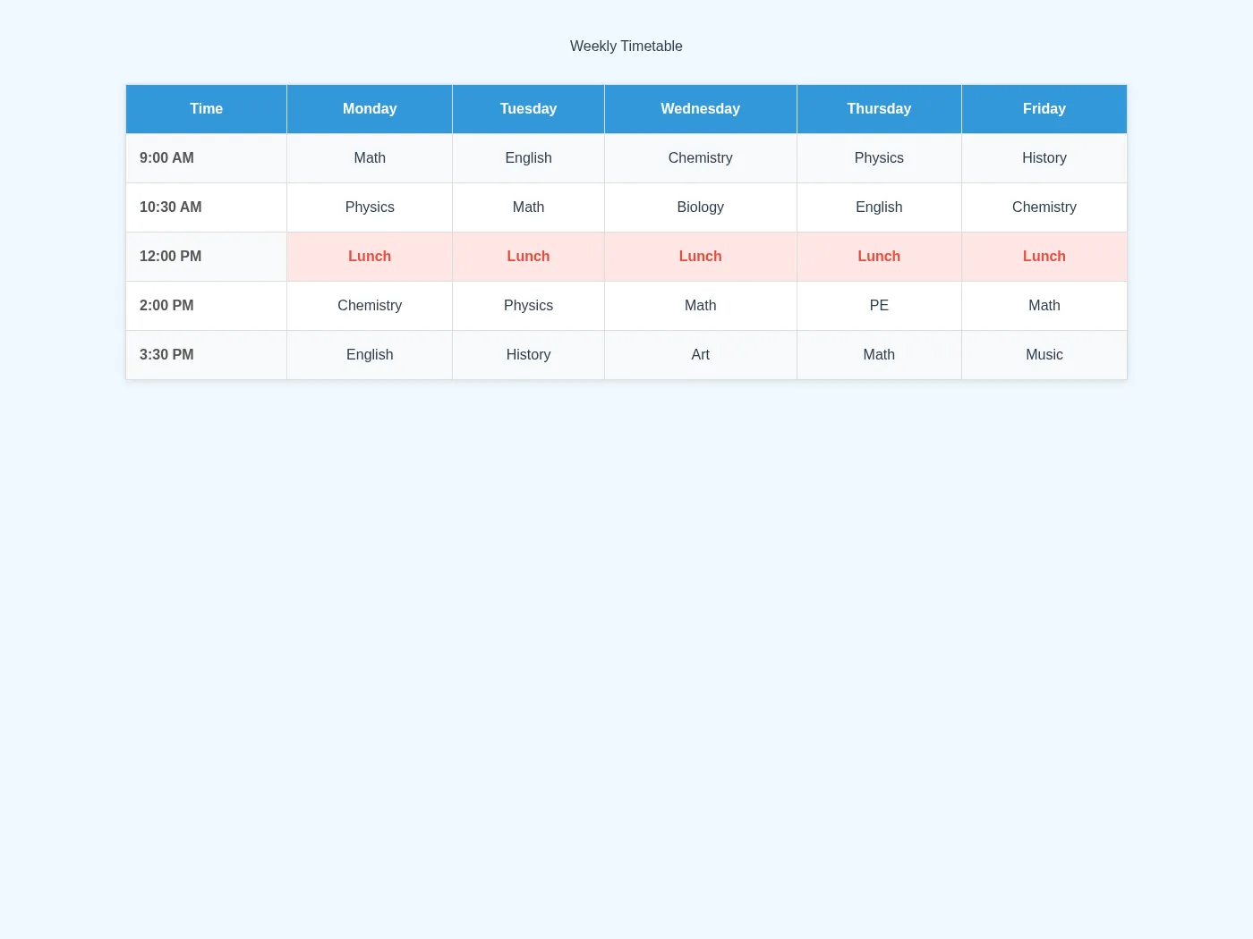 10-Line No-CSS Styled Timetable Generator
