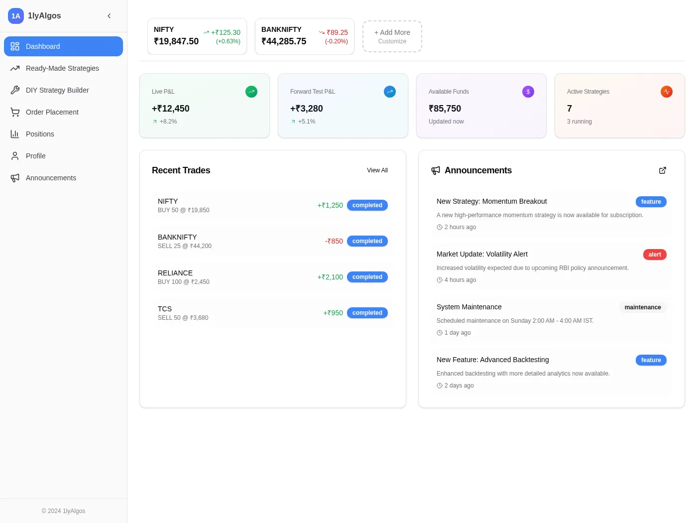 1lyAlgos Trading Platform