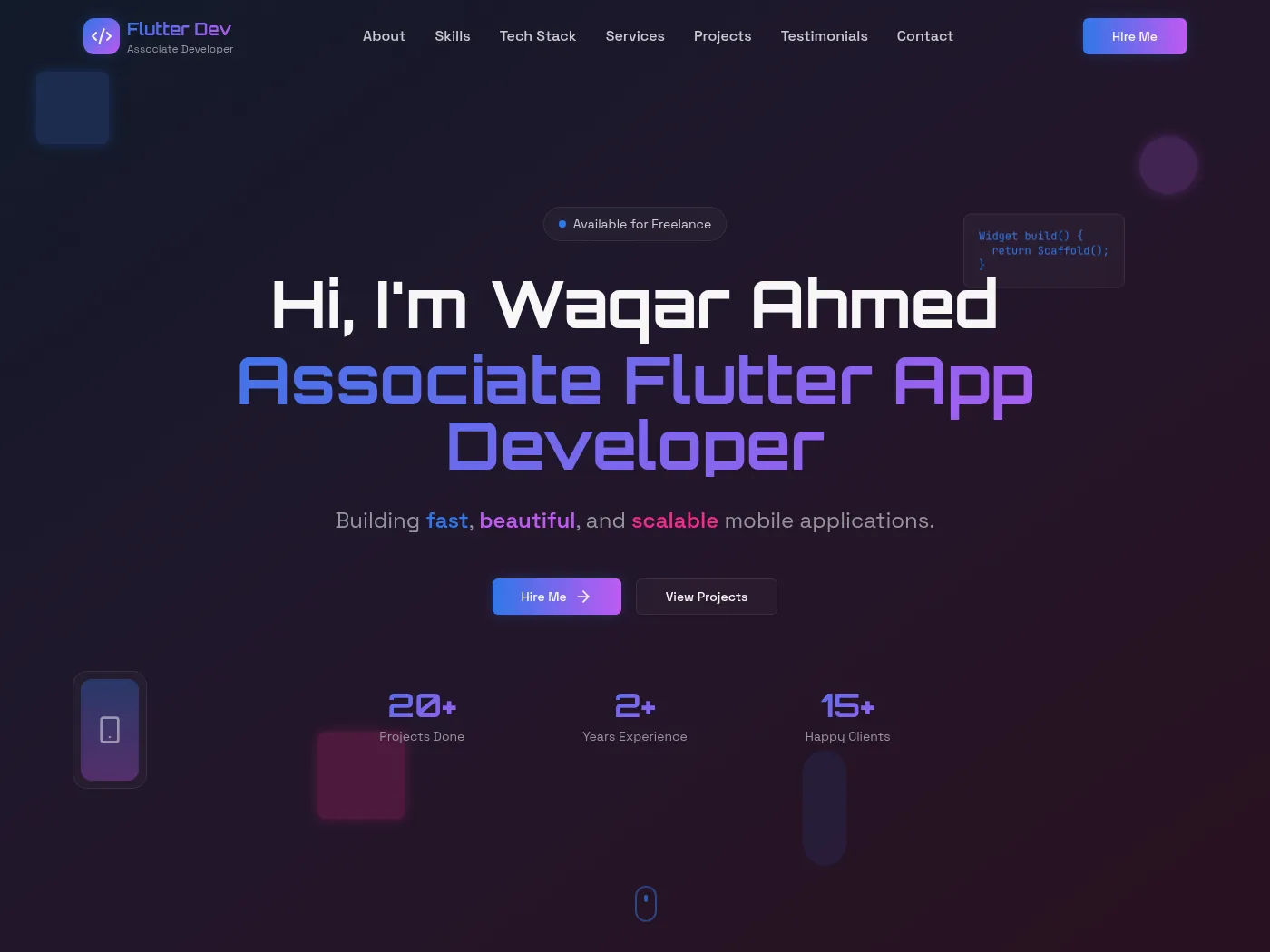 Ultra-Modern 3D Portfolio Website for an Associate Flutter Developer