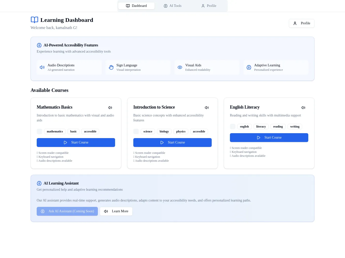 Accessible Learning Platform for Visually and Hearing Impaired Students