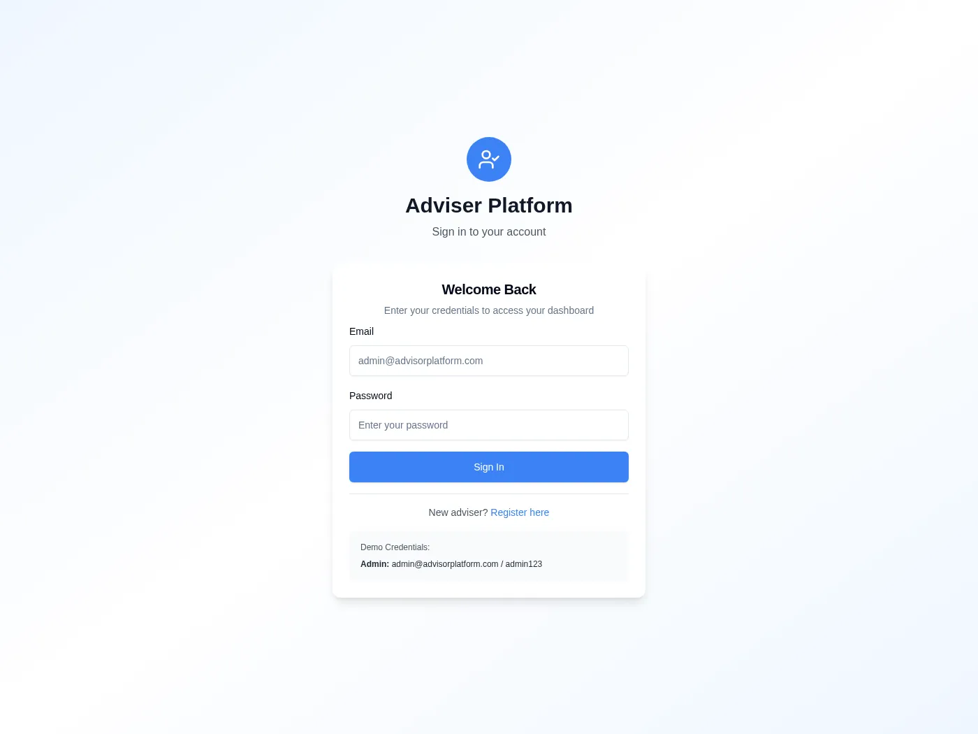 Adviser Platform – Admin & Adviser Workflow with Secure Login and Dashboard