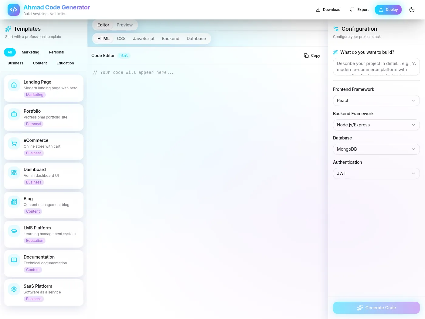 Ahmad Code Generator — The AI-Powered Full-Stack Website Builder