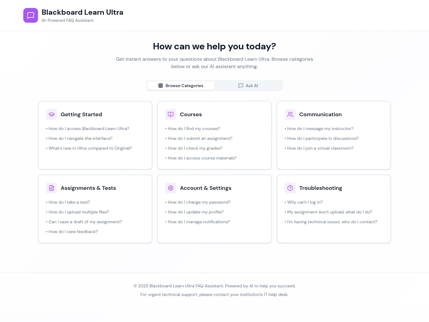 AI-powered Blackboard Learn Ultra FAQ Assistant