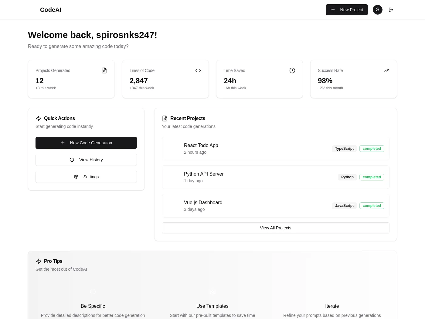 AI Code Generation Platform with Modern Dashboard