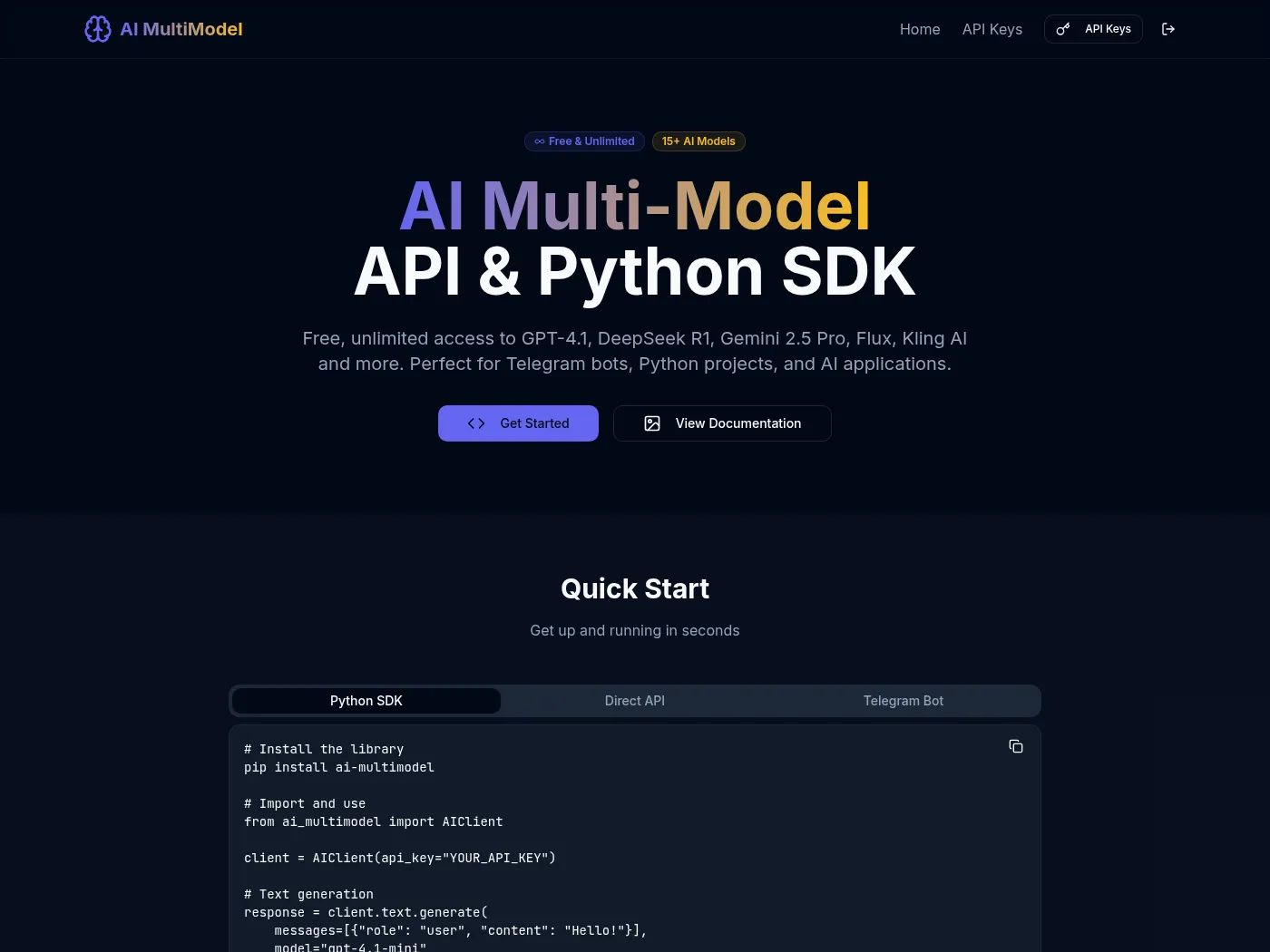 AI Multi-Model API & Python SDK for Bots and Image Generation
