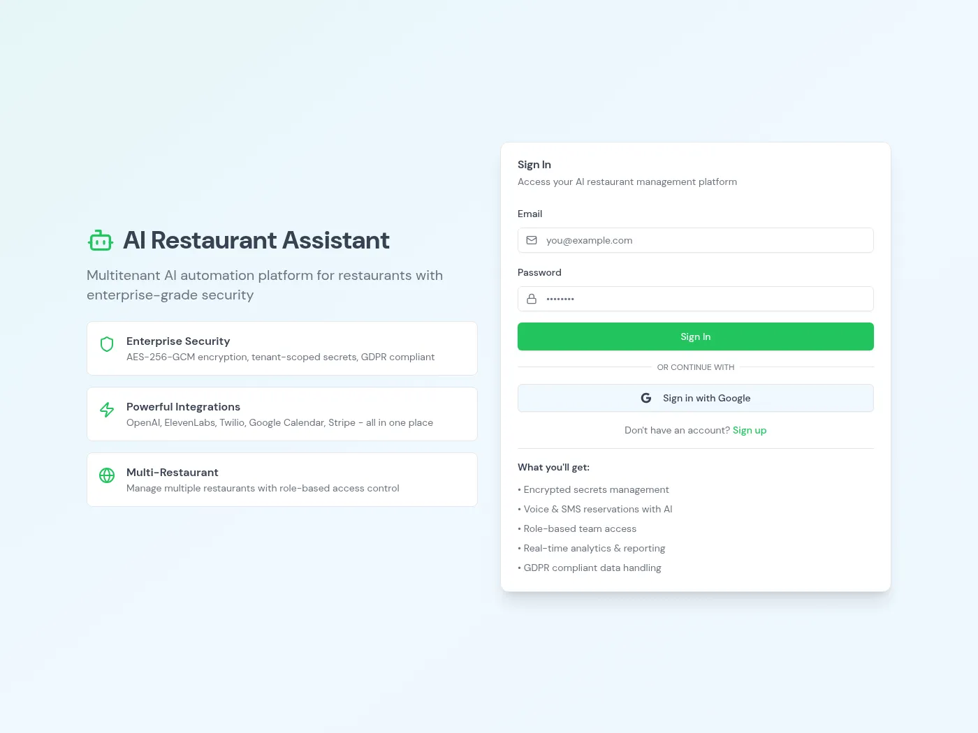AI Restaurant Assistant – Multitenant AI Automations Platform for Restaurants