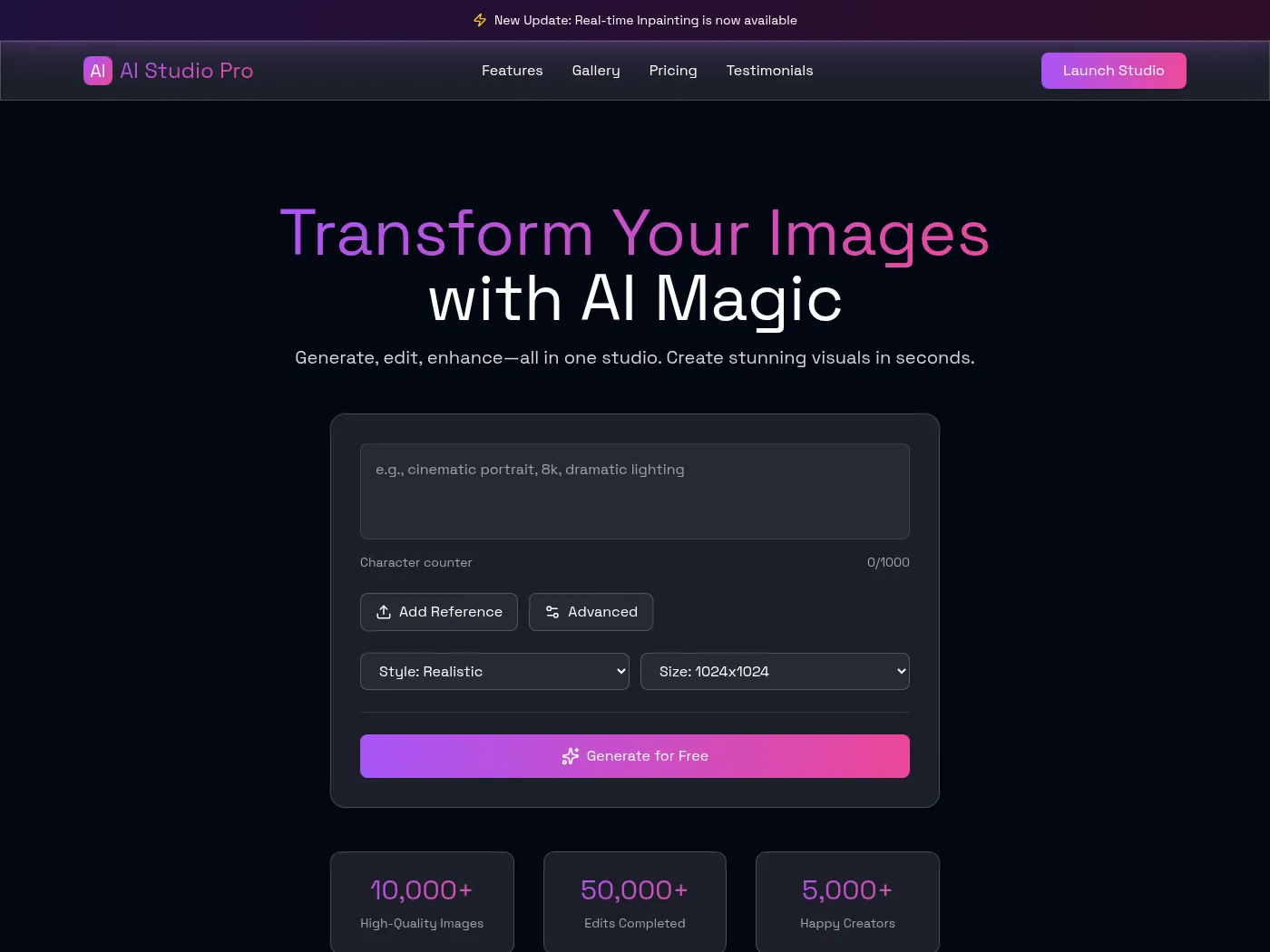 AI Studio Pro — Next-Gen 2-Page AI Image Studio Builder with Perfect Design Match