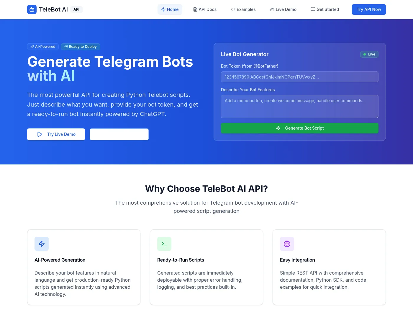 AI-Powered Telegram Bot Script Generator API