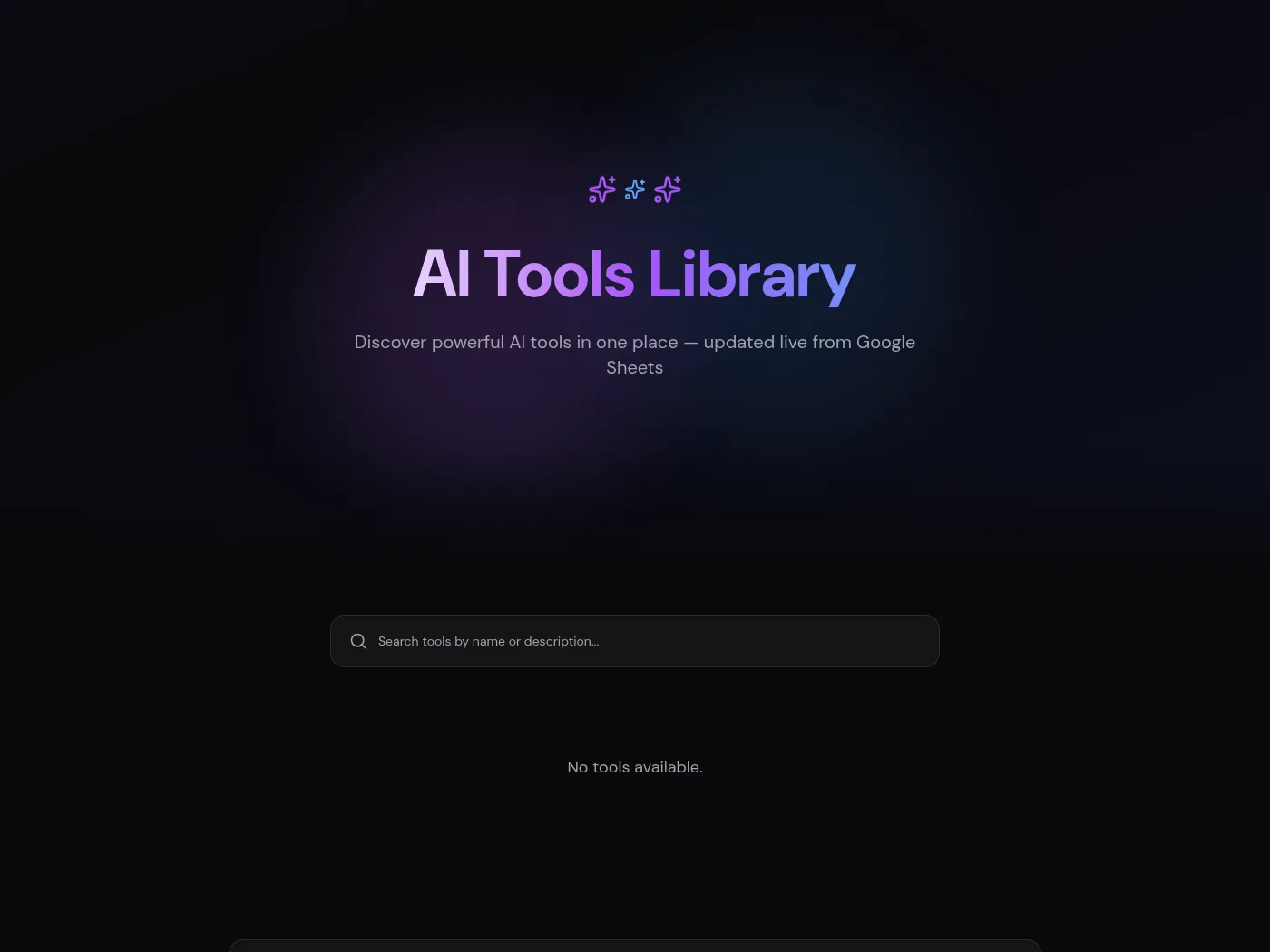 AI Tools Library – Live, Responsive Catalog from Google Sheet with Dark Glassmorphism UI