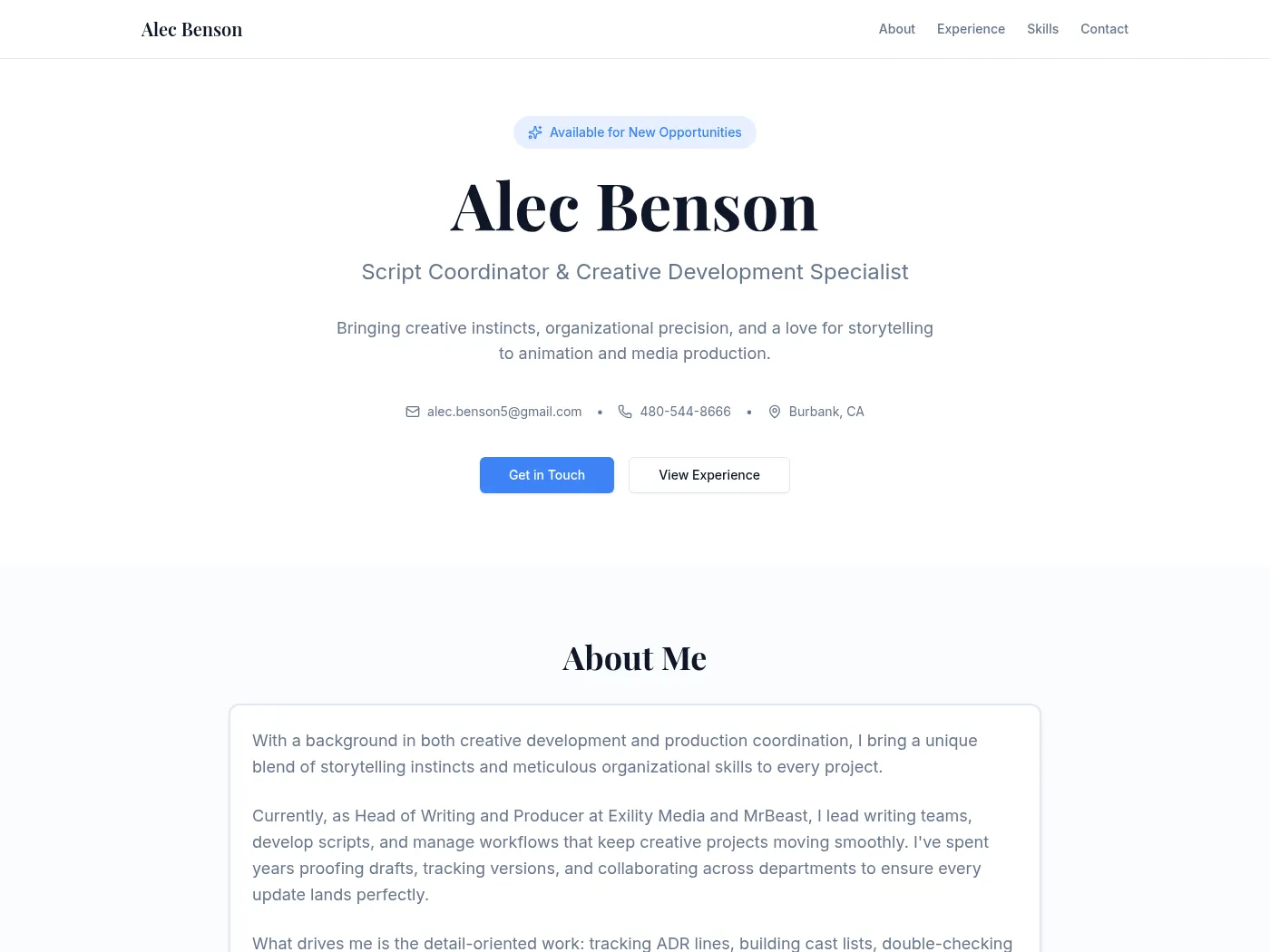 Script Coordinator Experience Portfolio Site