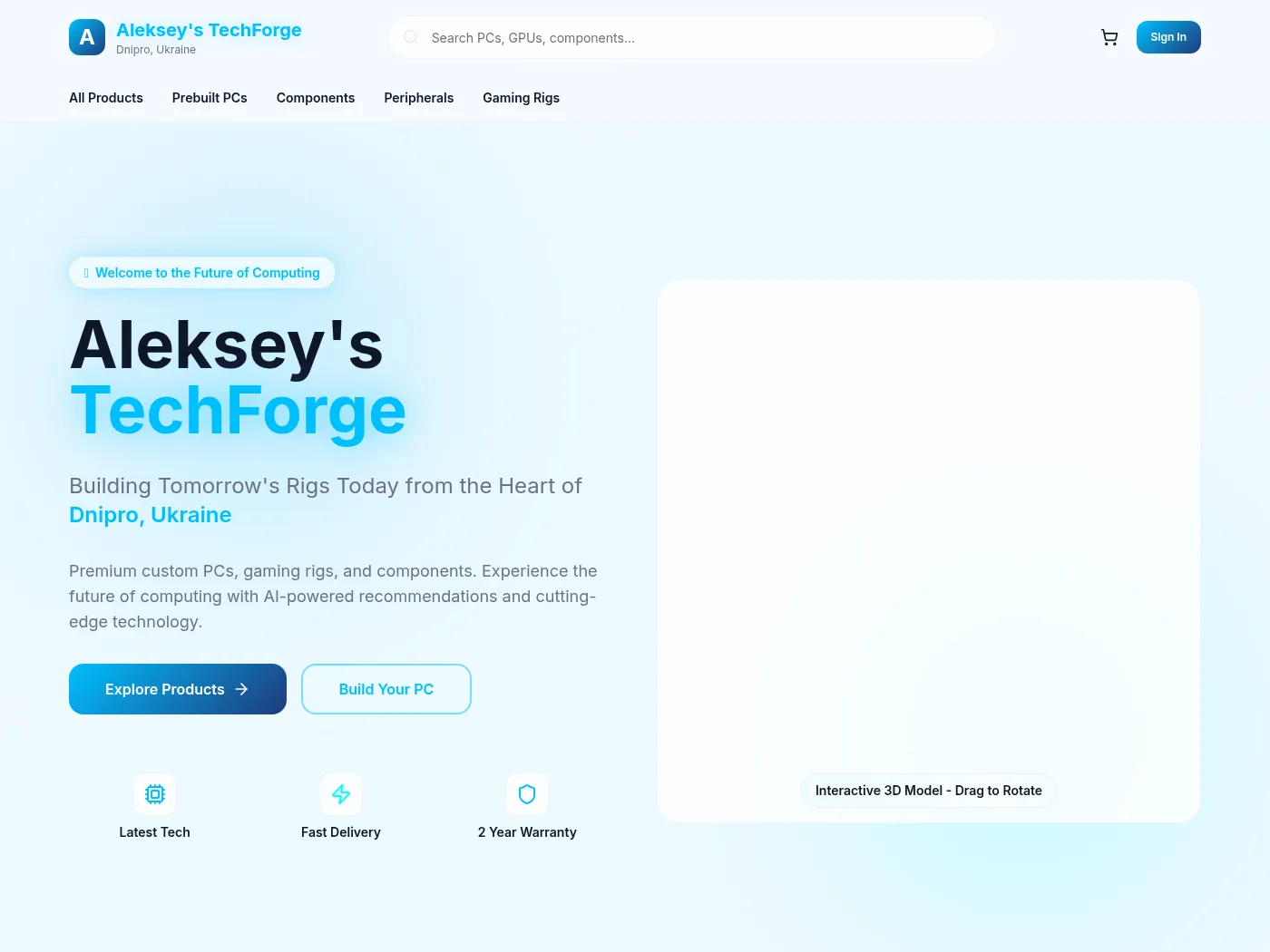 Aleksey's TechForge – Futuristic Ukrainian E-Commerce for Custom PCs & Components