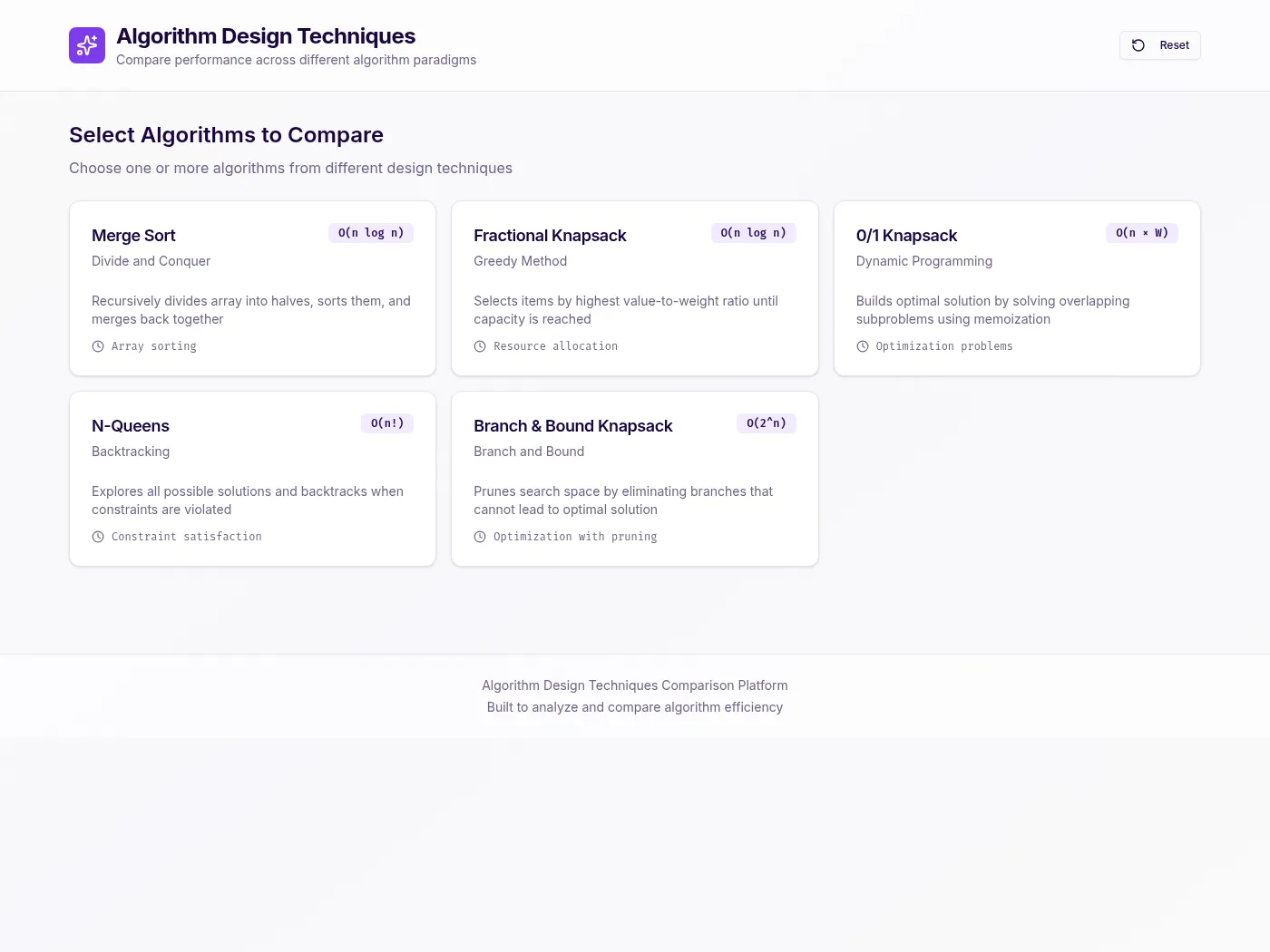 Algorithm Design Techniques Comparison Platform