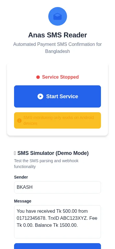 Anas SMS Reader - Automated Payment SMS Confirmation for Bangladesh