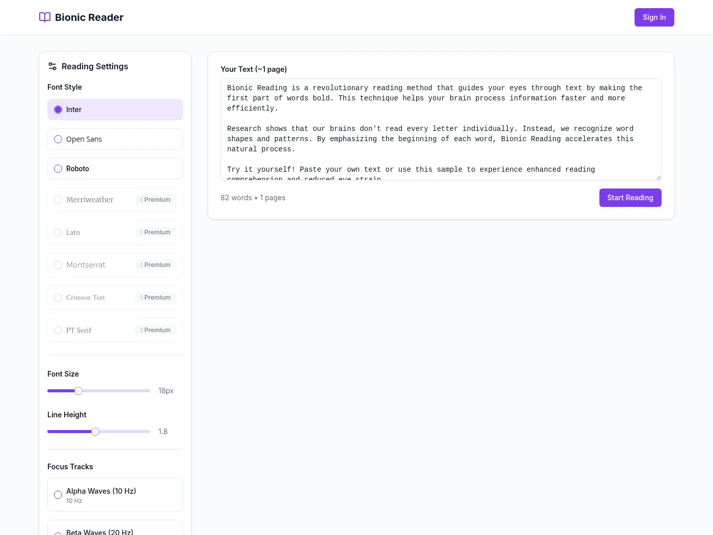 Bionic Reading App with Tiered Subscription Plans