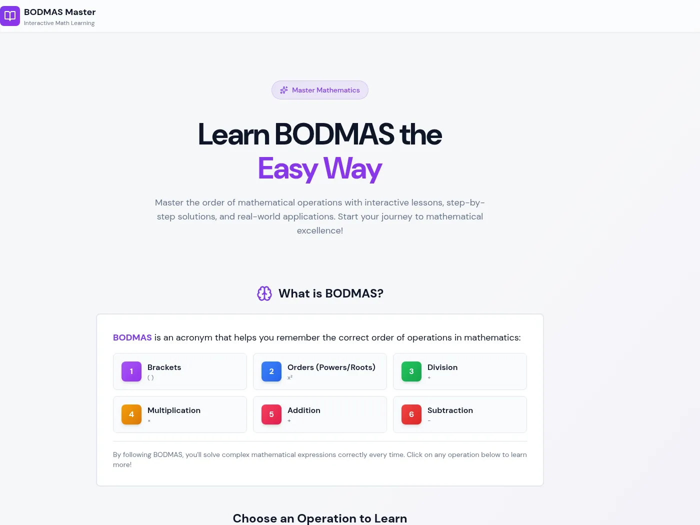 BODMAS Interactive Learning App