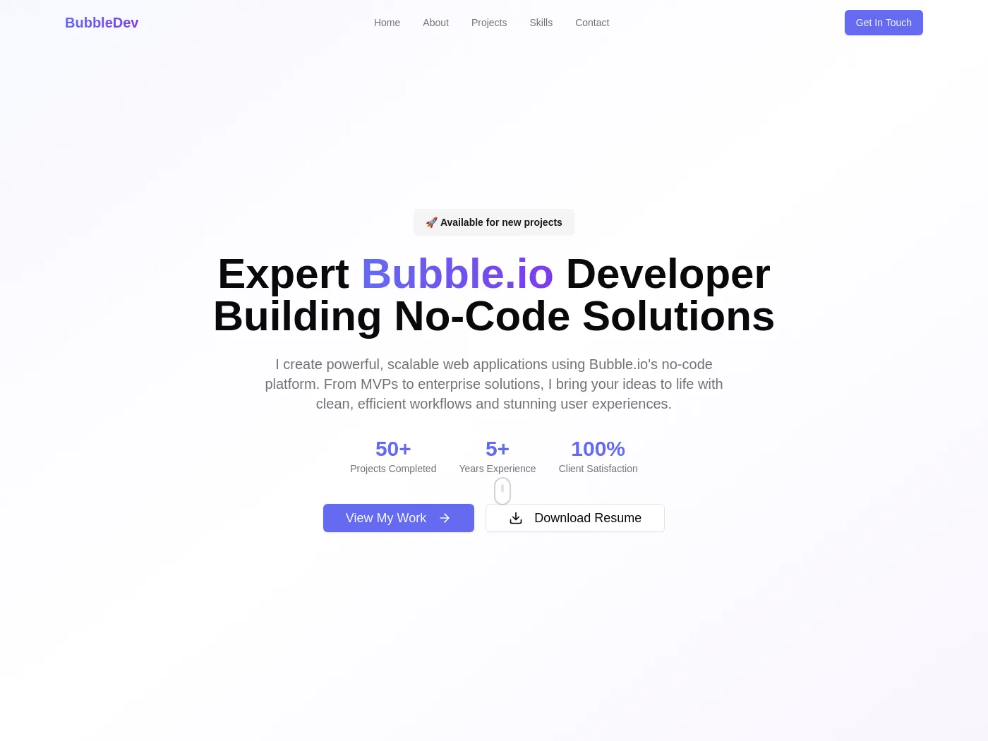 Bubble.io Developer Portfolio Website