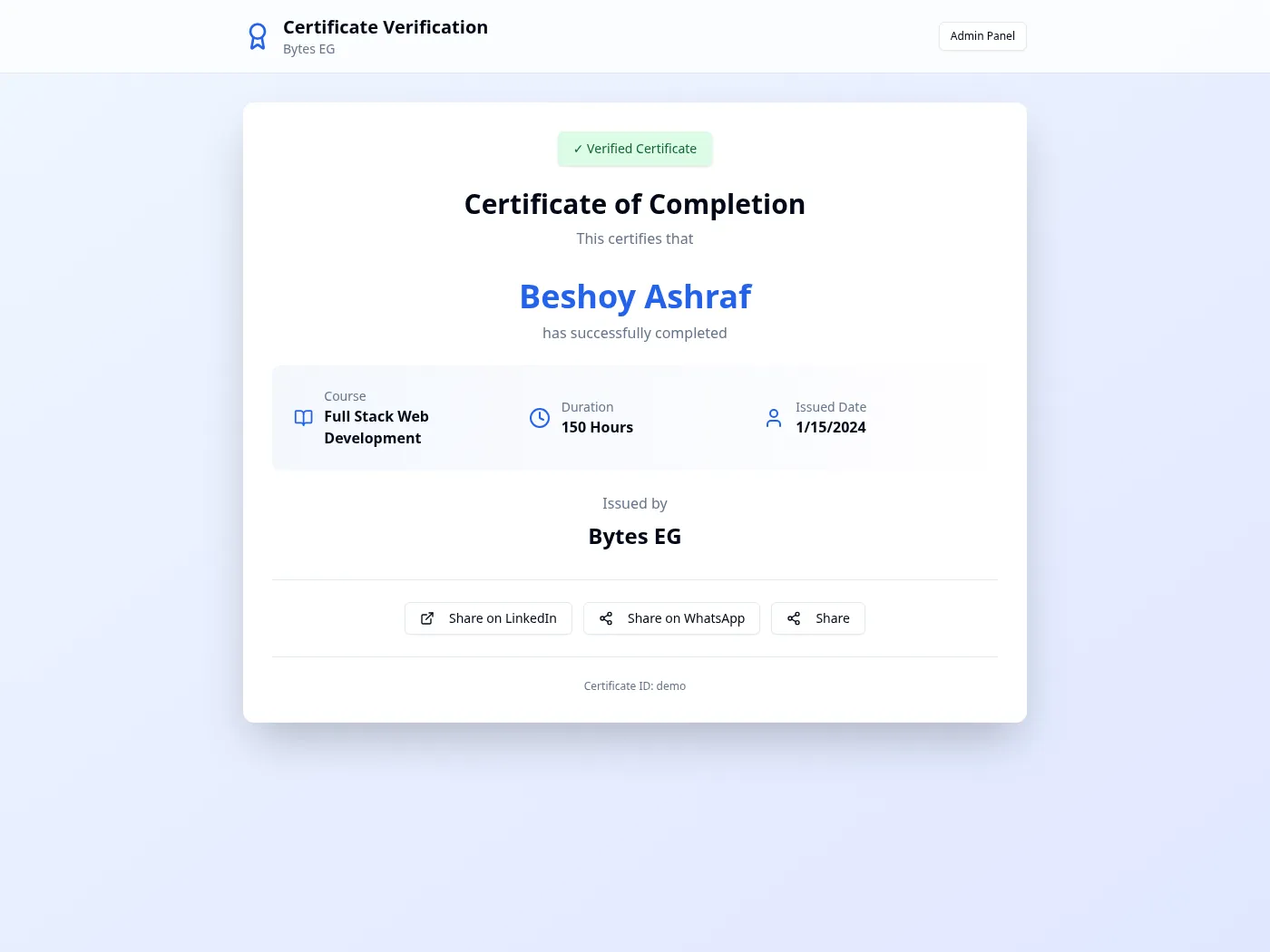 BytesEG Certificate Verification & Sharing Platform