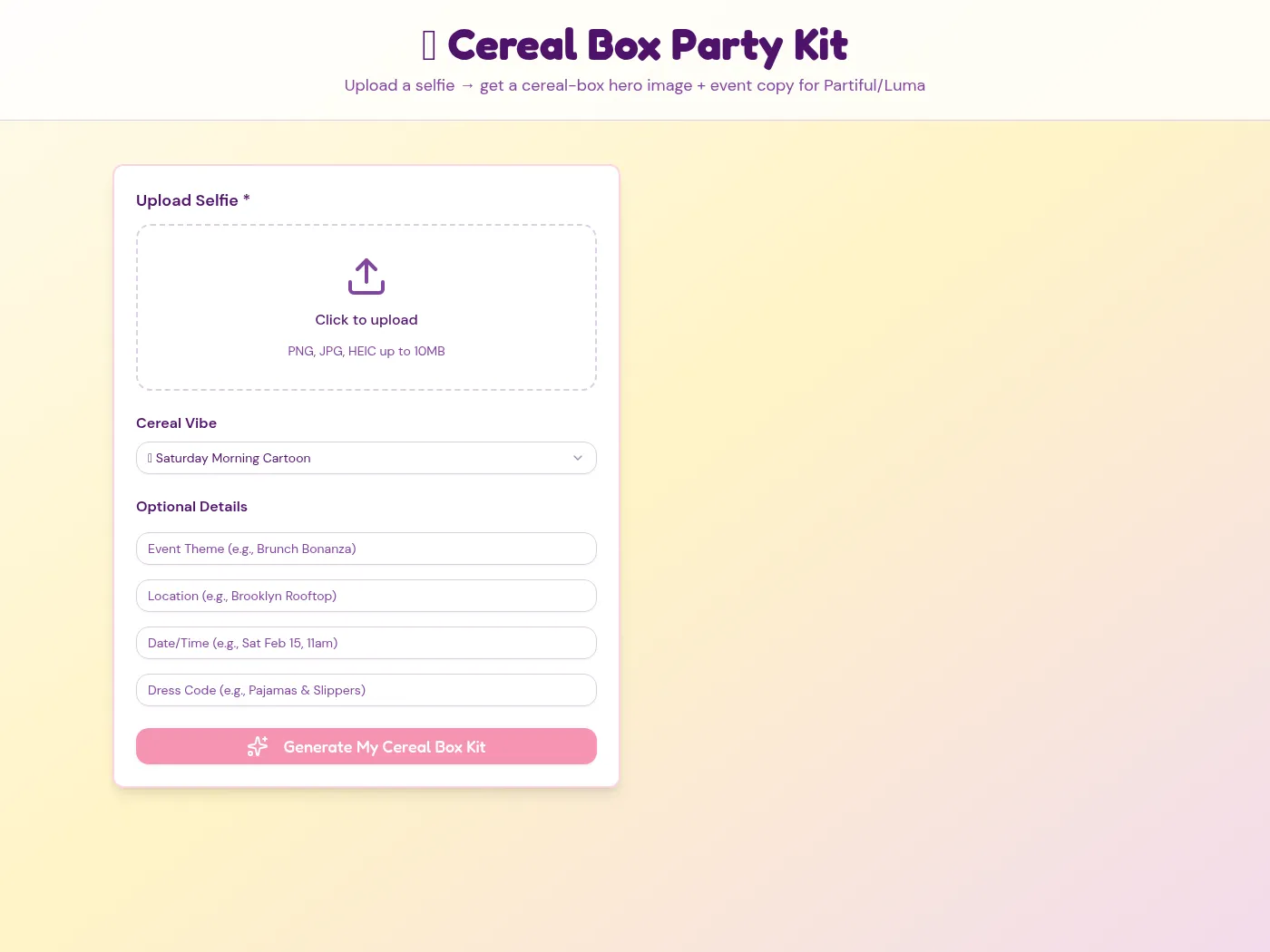 Cereal Box Party Kit – AI Event Copy & Hero Card Generator