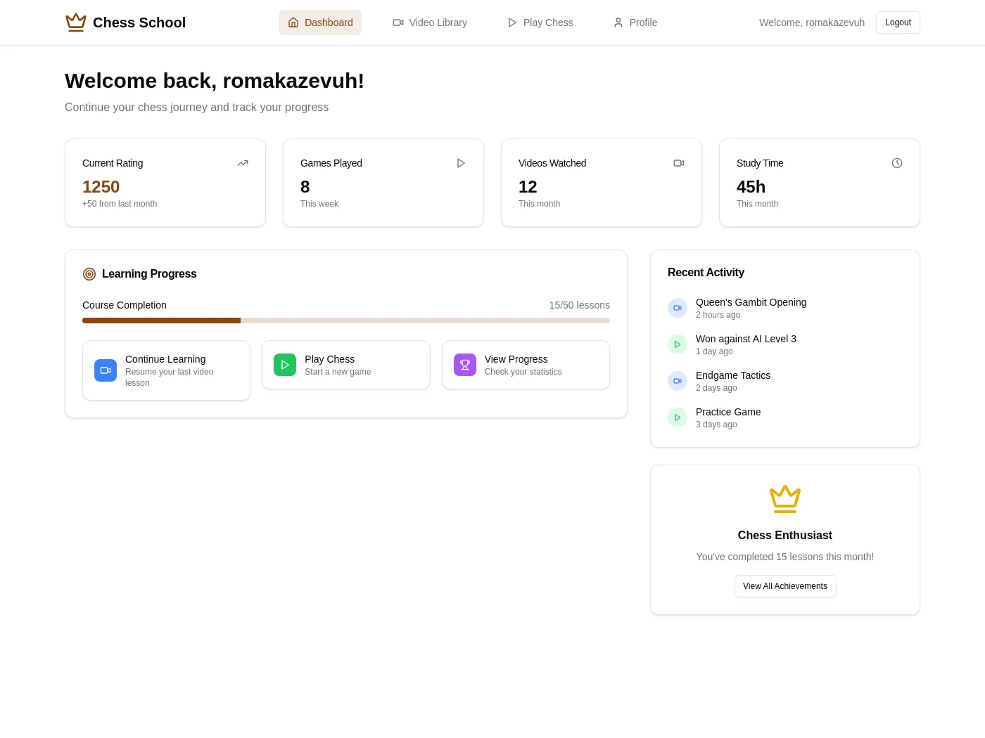 Chess School Web App with Video Library and Personal Account