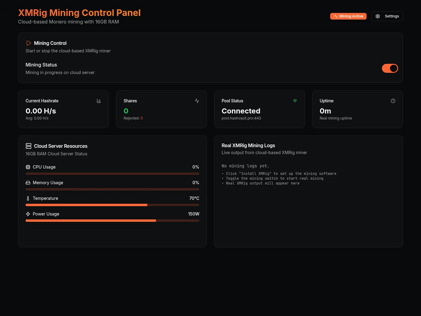 Cloud-Based XMRig Monero Mining Control Panel