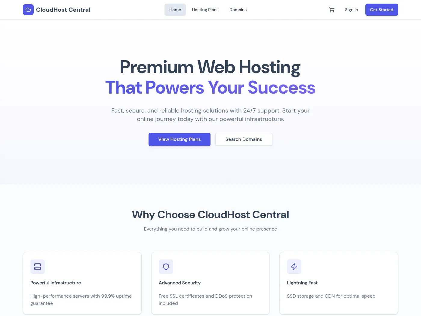 CloudHost Central — Modern Hosting & Domain Marketplace