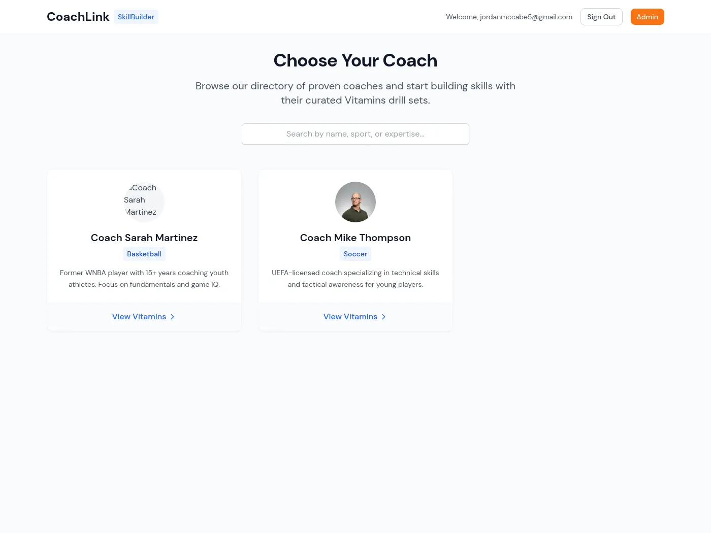 CoachLink – SkillBuilder: Athlete Training Directory and Drill Viewing MVP