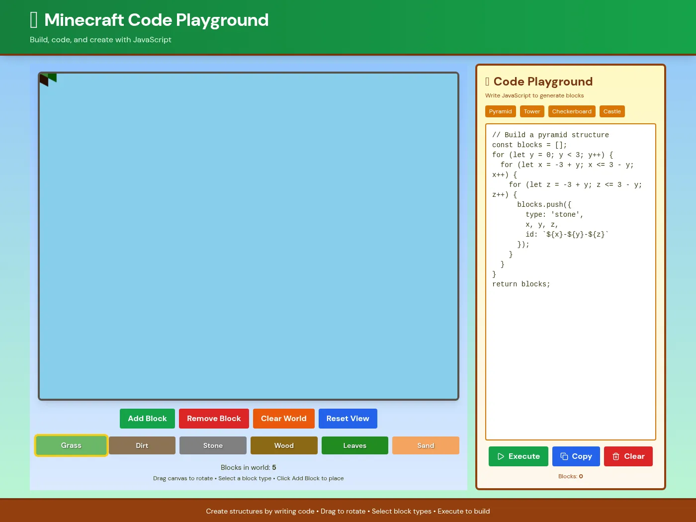 Minecraft-Inspired Code Playground